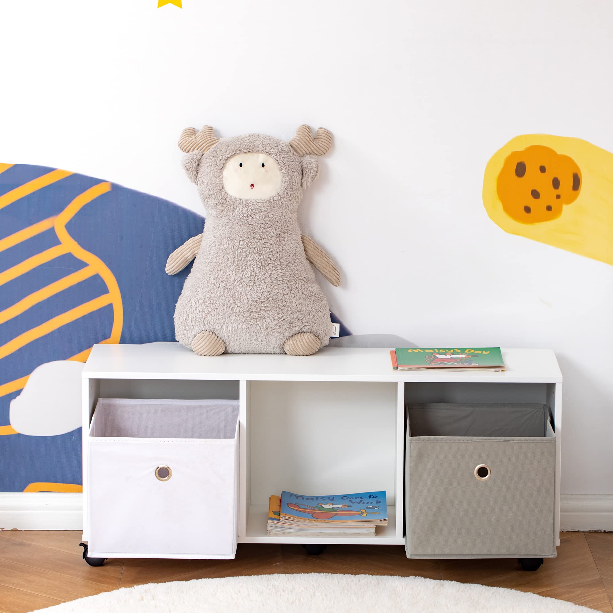 HOMCOM Simple 3 Cube Storage with Wheels, Hidden Pull-Out Toy Bin Kids Cube Storage Unit, Rolling Cubby Storage for Kids Room, Small Toy Storage Organizer Shelves, White