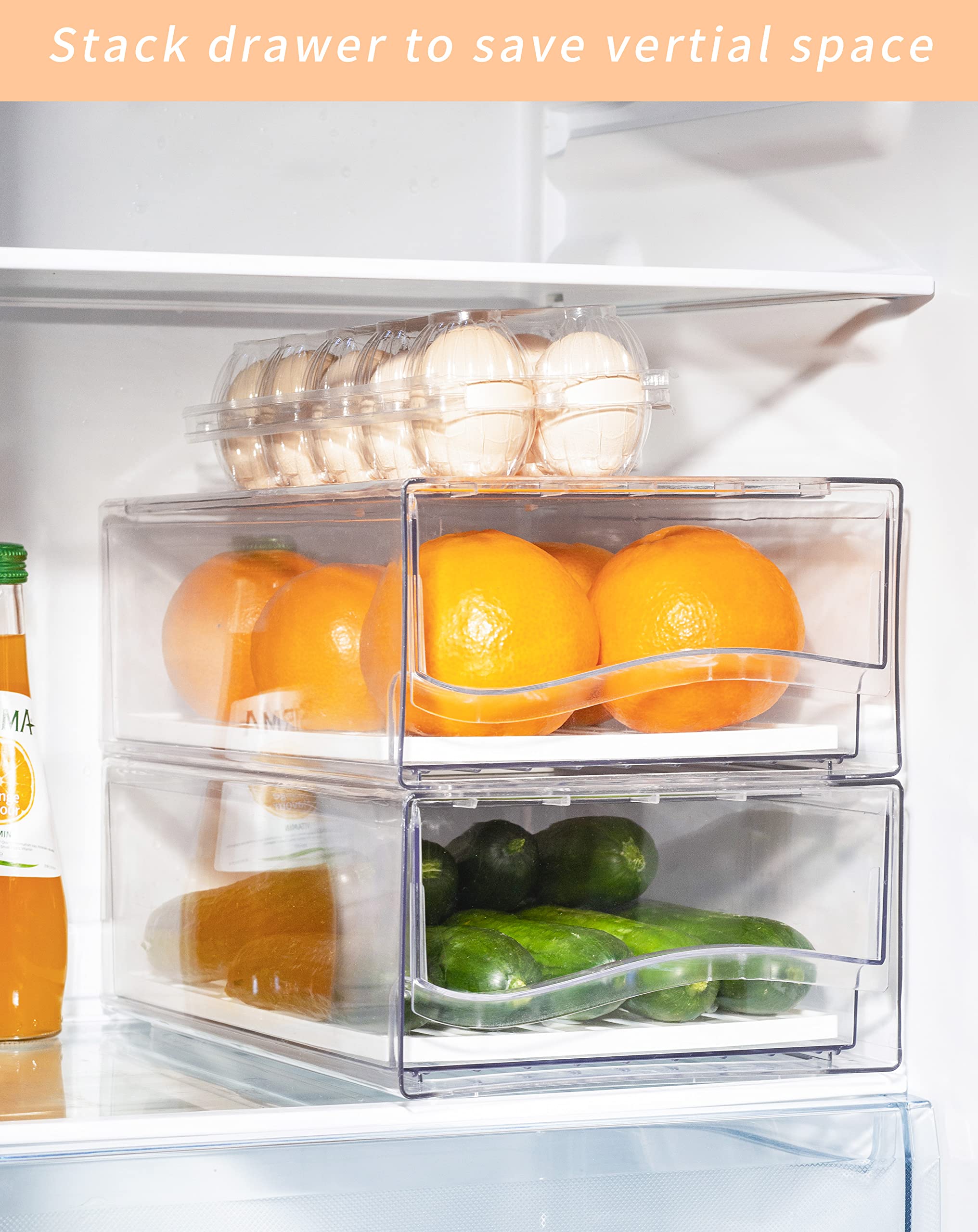 Ornafort 2Pack Clear Fridge Drawer Organizer Stackable Refrigerator Drawers Pull Out Bins Plastic Sliding Home Edit Storage Containers for Bathroom Pantry Cabinet Kitchen,as Gift(Not Dishwasher Safe)