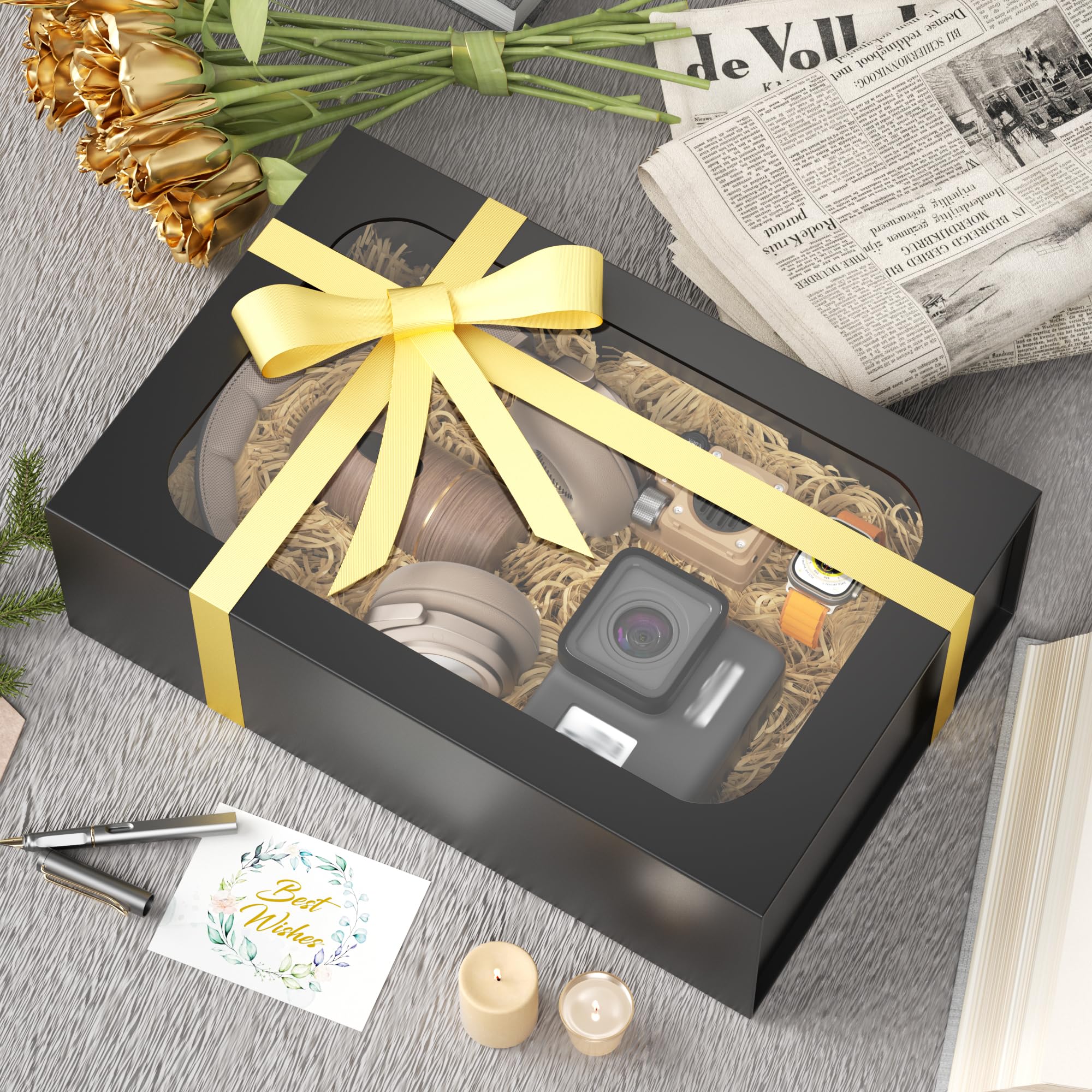 PSHVYM Large Gift Box with Window, 13.5x9x4.3 In Black Gift Box for Presents Magnetic Lids Collapsible for Groomsmen Proposal Box, Birthday, Graduation, Christmas, Contains Card, Ribbon