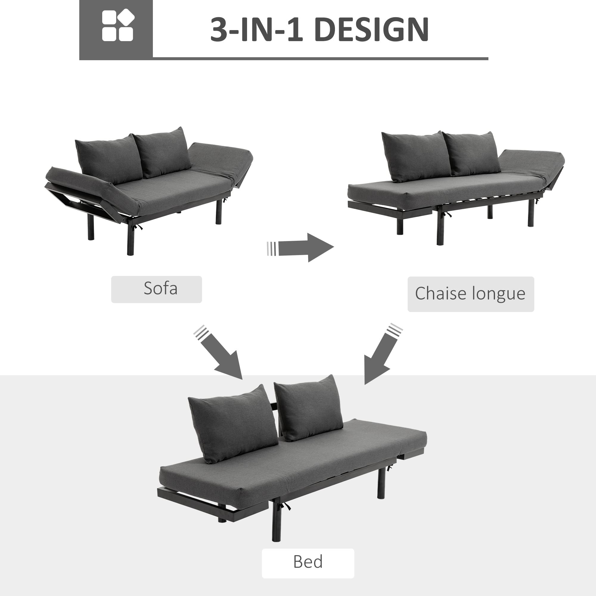 HOMCOM Single Person Chaise Lounger, Modern Sofa Bed with 5 Adjustable Positions, 2 Large Pillows, and Birch Legs, Charcoal Grey
