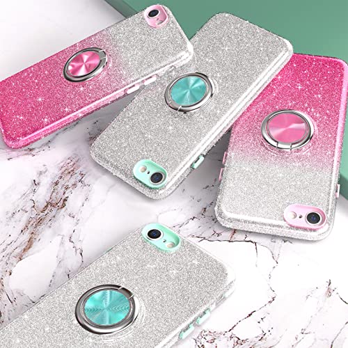 PeeTep iPhone SE 2020 Case,iPhone SE 3 Case Glitter for Girls,iPhone 8 Case,iPhone 7 Case,Slim Sparkly Case with 360°Ring Holder Kickstand Magnetic Car Mount Shock-Absorbent Durable Cover, Pink
