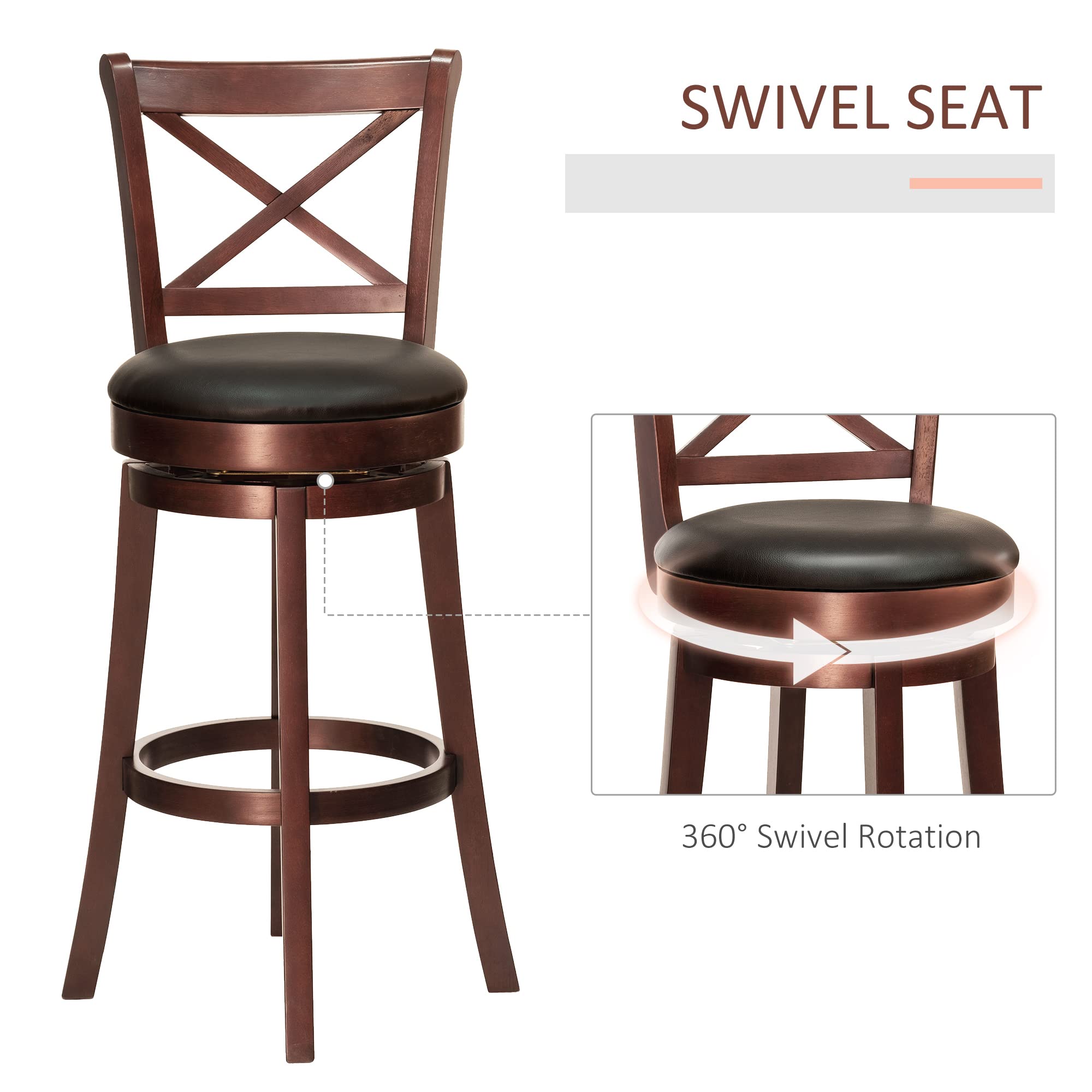 HOMCOM Swivel Bar Stool with Back, 31 Inch PU Leather Bar Height Stool, Farmhouse Barstool with Rubberwood Frame, Black