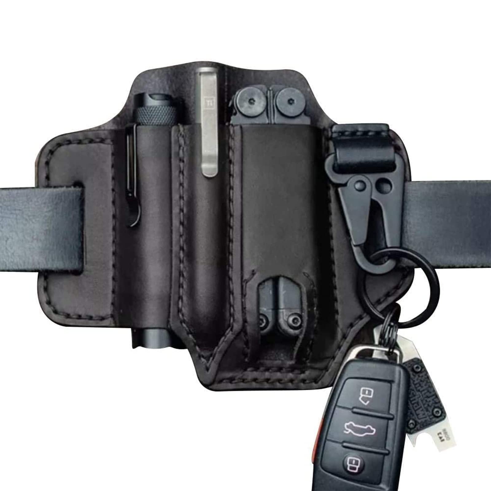 Leather Multitool Sheath, EDC Belt Pocket Organizer, Flashlight Holster, Storage Belt Waist Bag for Camping, Leatherman Sheath with Pen Holder, Key Fob (Black)