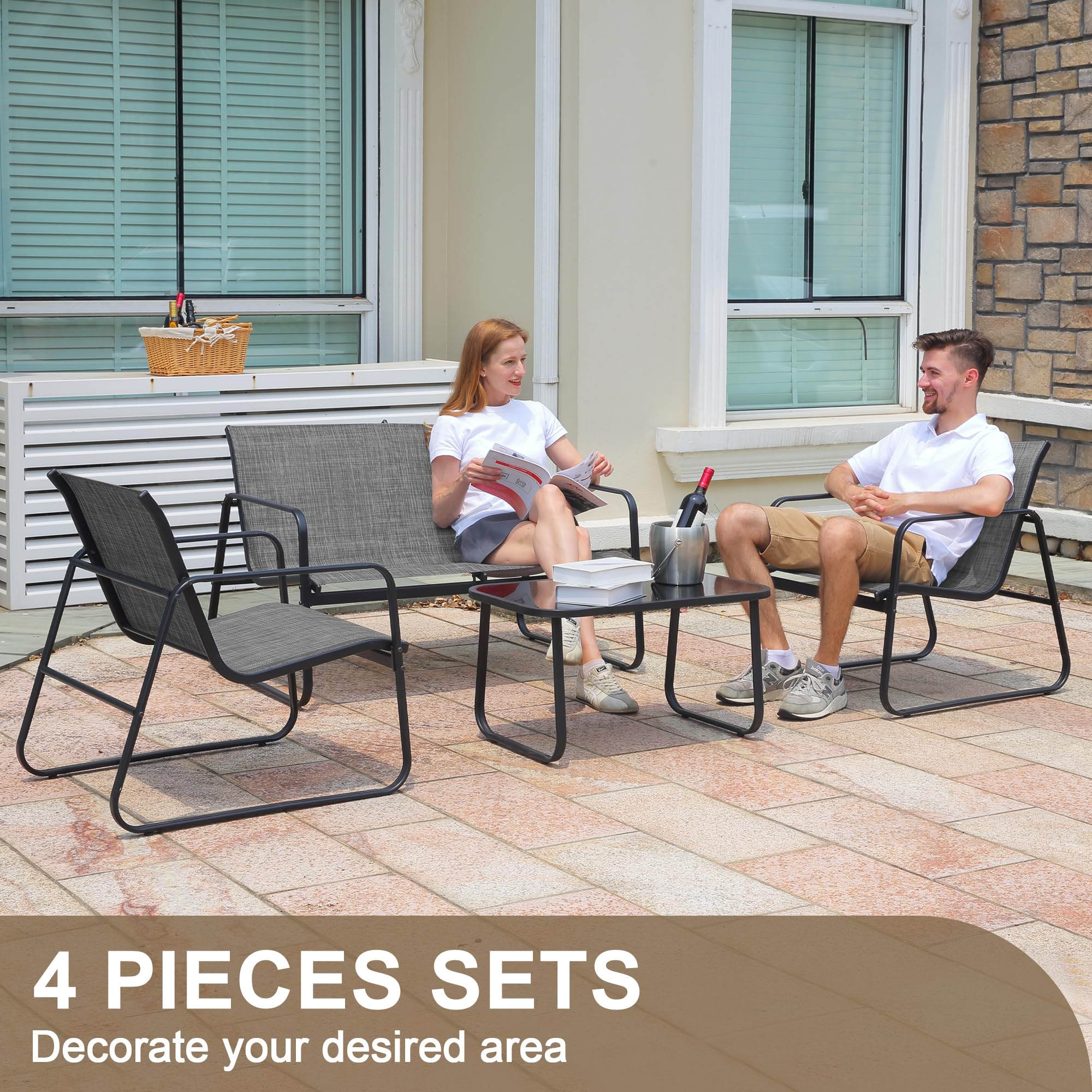 PIZZELLO 4 Pieces Outdoor Patio Furniture Textilene Modern Conversation Bistro Set with Loveseat Tea Table for Home, Lawn and Balcony