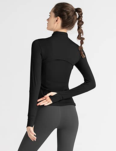 Locachy Women's Slim Fit Full Zip Athletic Running Sports Workout Jacket with Pockets Black XL