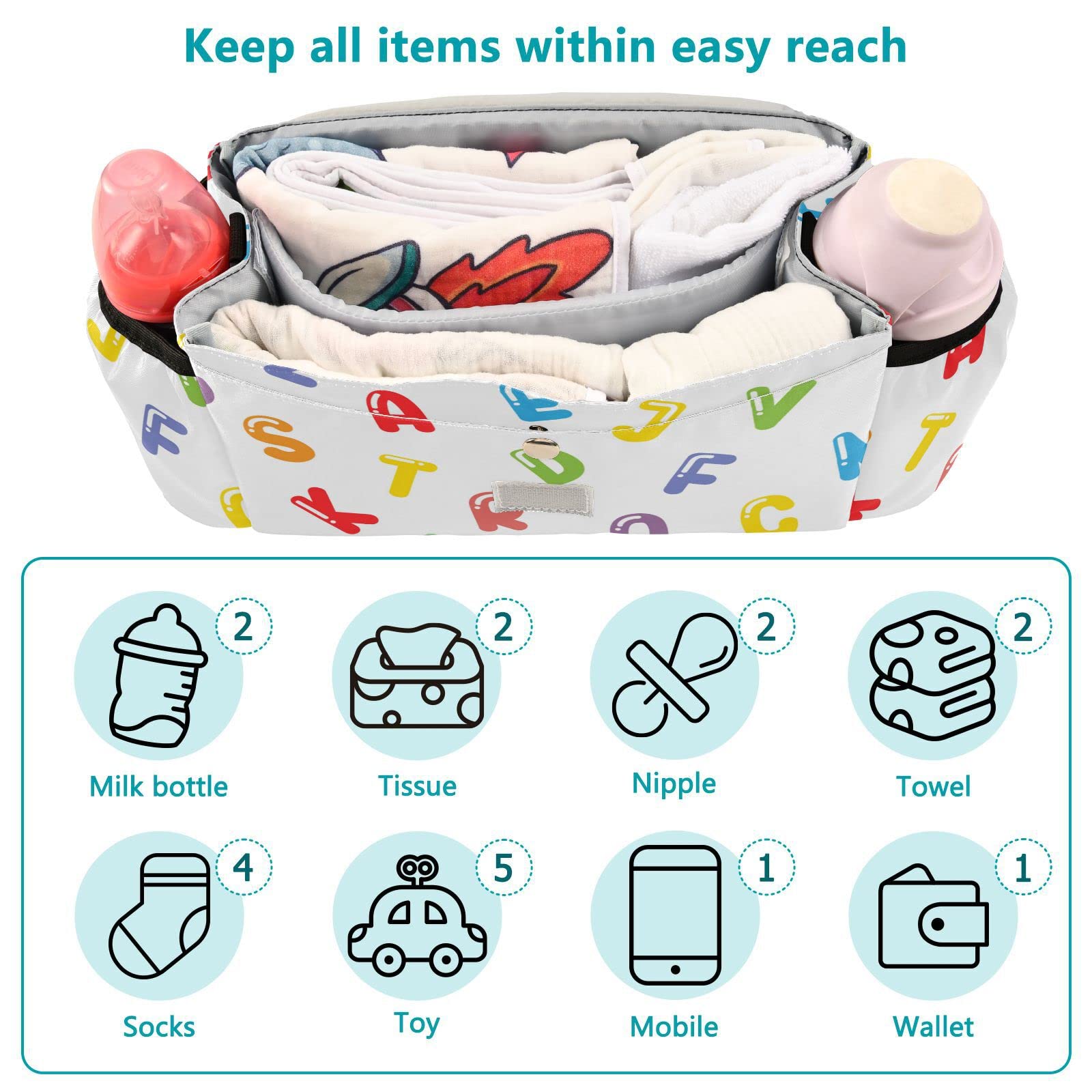 Kigai Colorful Alphabet Baby Stroller Organizer with Cup Holders, Secure Hooks Accessories Adjustable Strap Stroller Bag for Bottle, Diaper, Phone, Toys, Baby Items