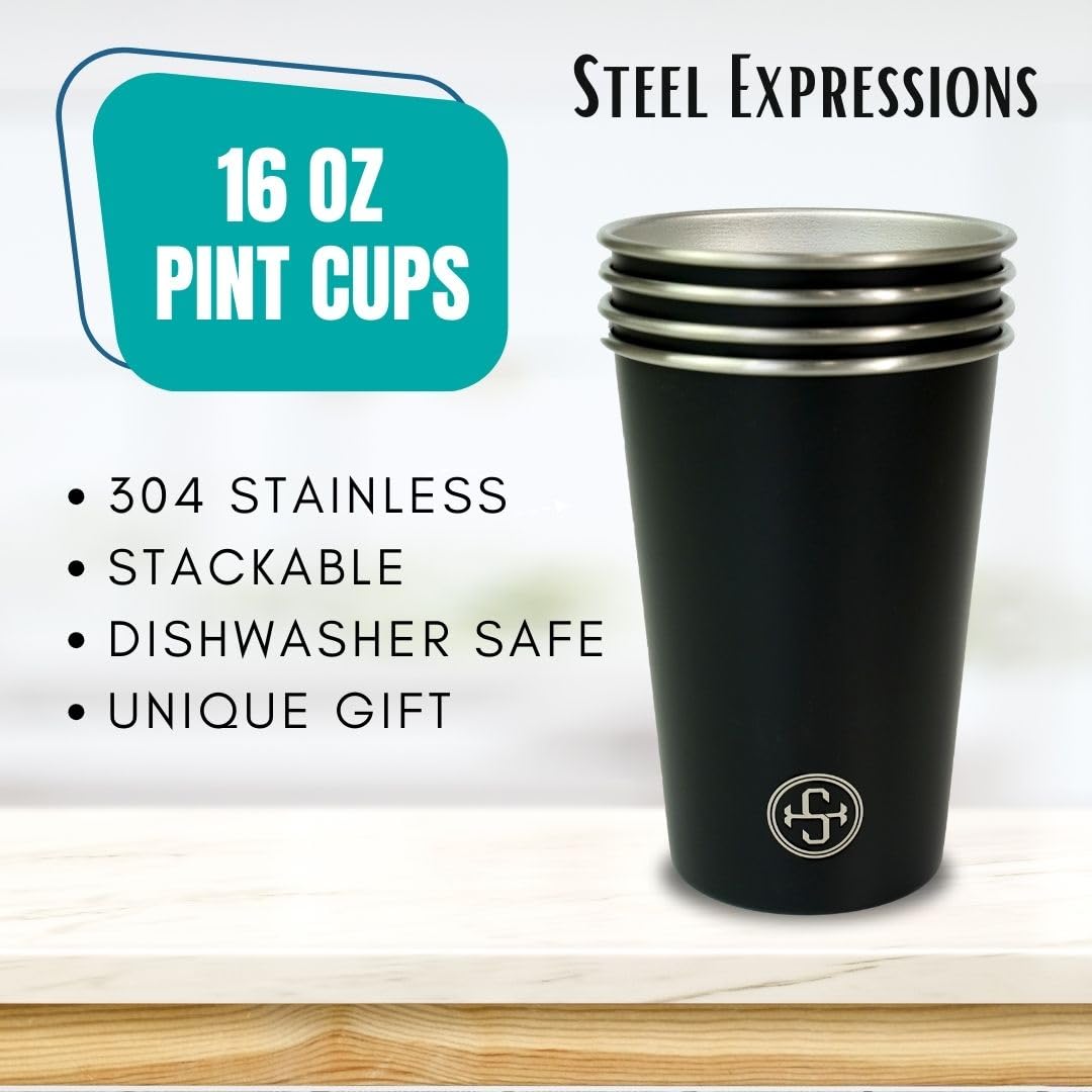 Shark Skinzz Steel Expressions Pint Cup, 16 oz Stainless Steel Cups, Stackable & Durable Drinking Cups for Camping, Reusable & Dishwasher Safe Tumblers, Set of 4 Black Cups