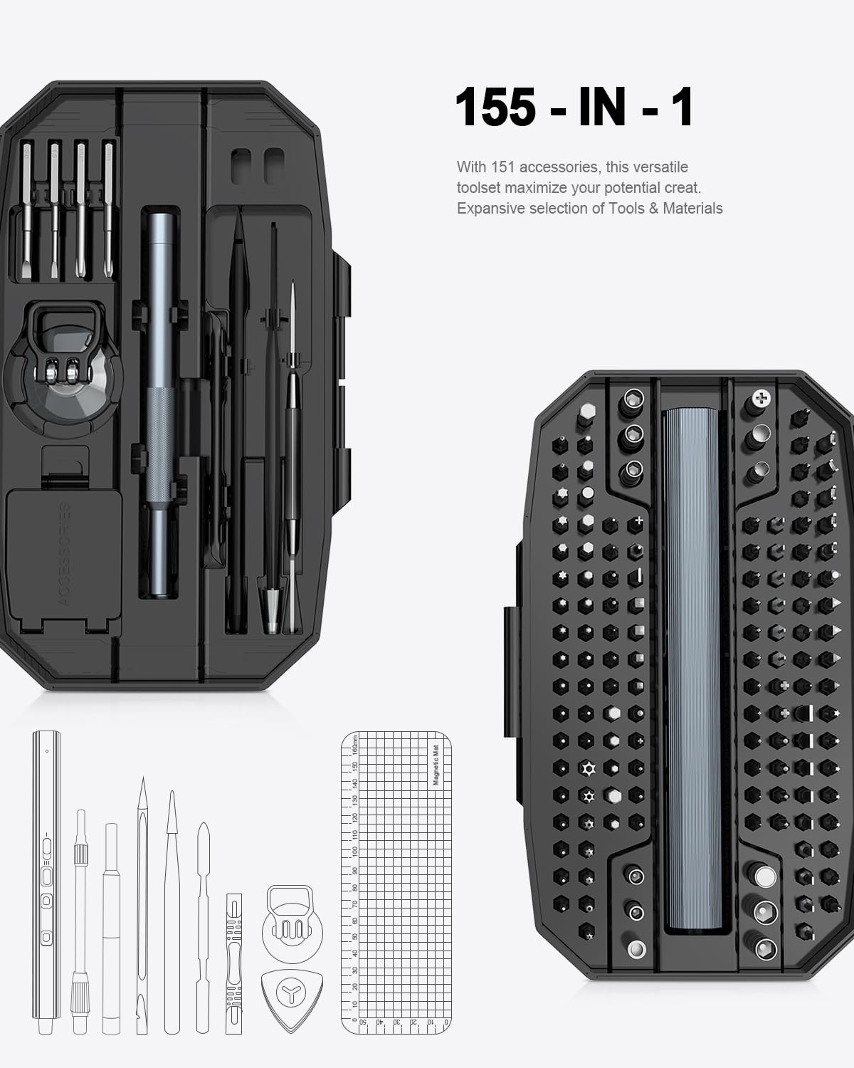 Mini Electric Screwdriver Set, 155-in-1 Precision Screwdriver with 140 S2 Magnetic Bits, 650mAh USB C Charging, 3 Torque Settings & Built-in Magnetizer for DIY Projects