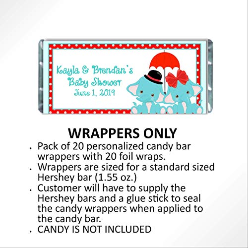 Personalized Elephant Candy Wrappers for Chocolate, Baby Shower Favors, Pack of 20 Custom Hershey Bar Labels