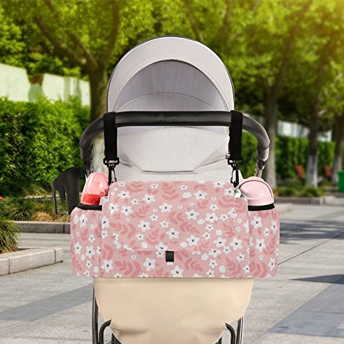 Kigai Flowers on Pink Baby Stroller Organizer with Cup Holders, Secure Hooks Accessories Adjustable Strap Stroller Bag for Bottle, Diaper, Phone, Toys, Baby Items