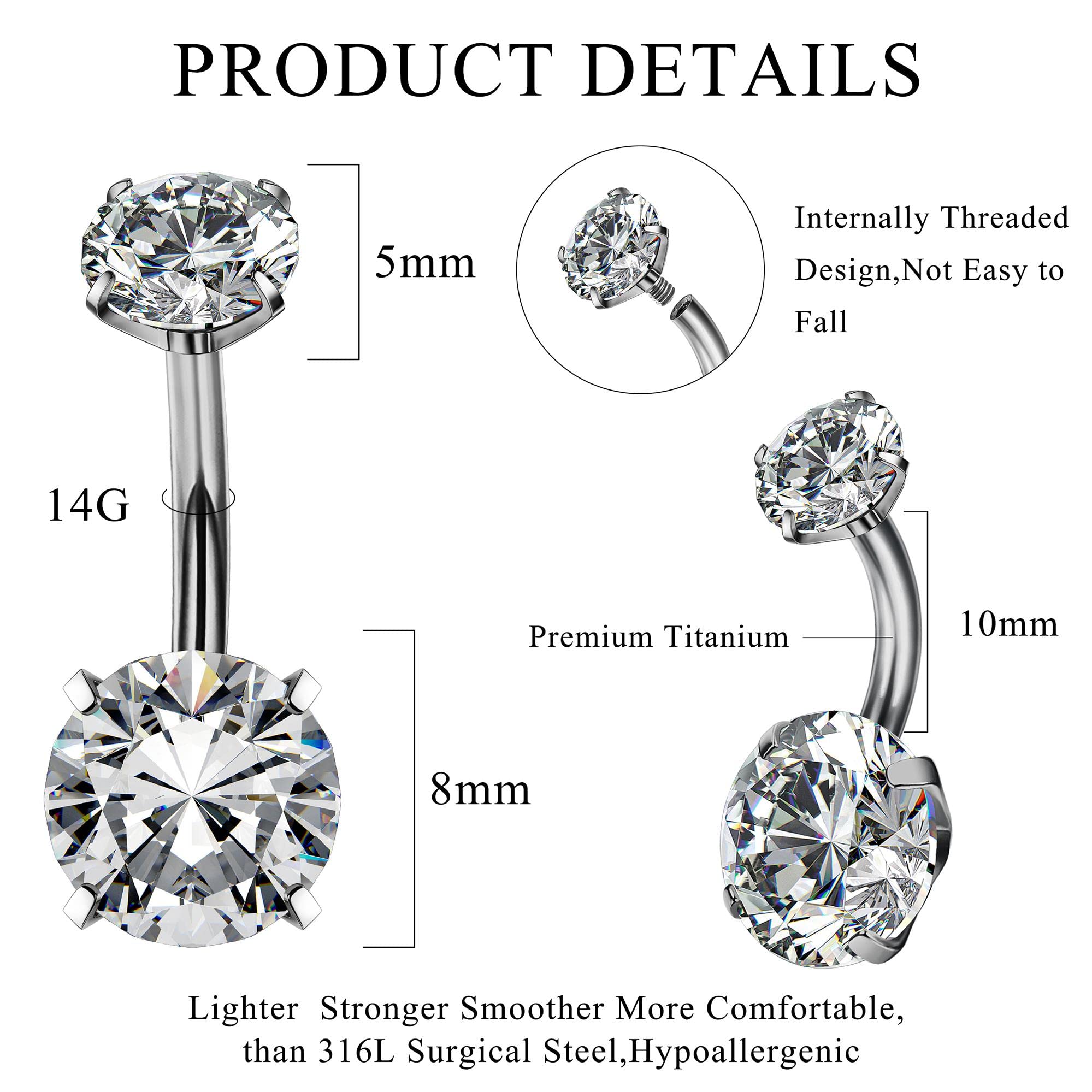 LOLIAS G23 Titanium Belly Button Rings Internally Threaded 14G Cubic Zirconia Opal Navel Barbell Piercing Jewelry for Women,Silver