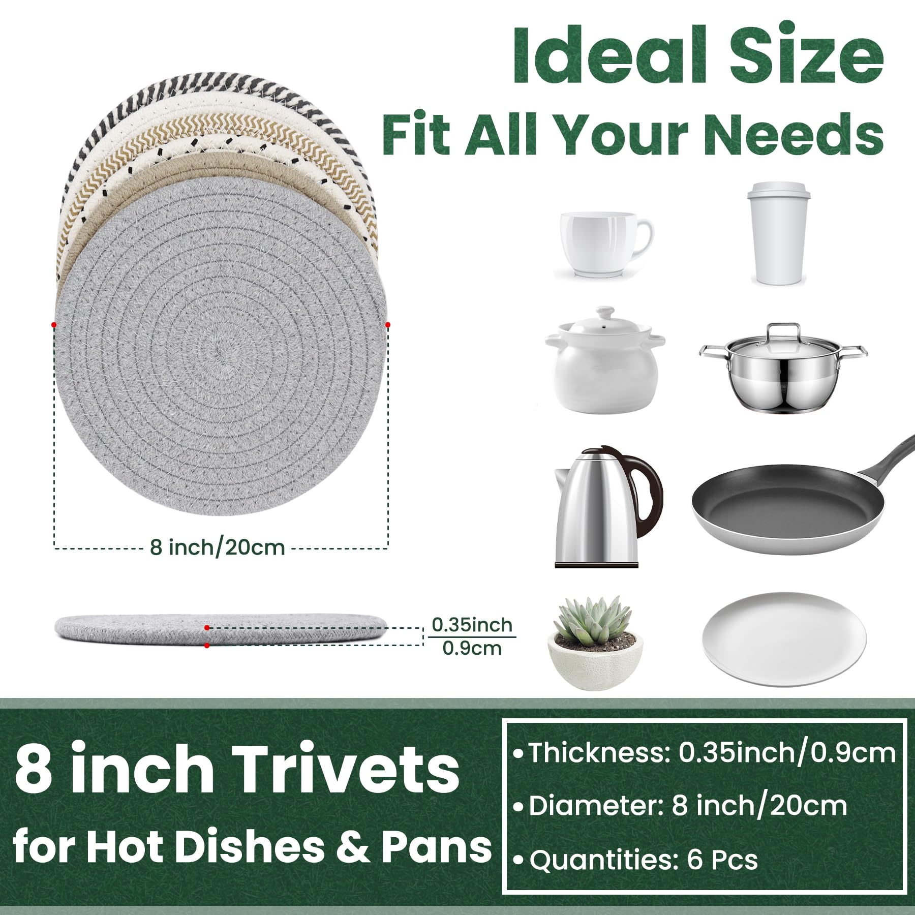 KITLAB 8 Inch Trivets for Hot Dishes, Hot Pots and Pans, Thick Heat Resistant Large Coaster for Kitchen, Hot Pads, Kitchen Essentials, Kitchen Decor for Table & Countertop, 6 Pcs