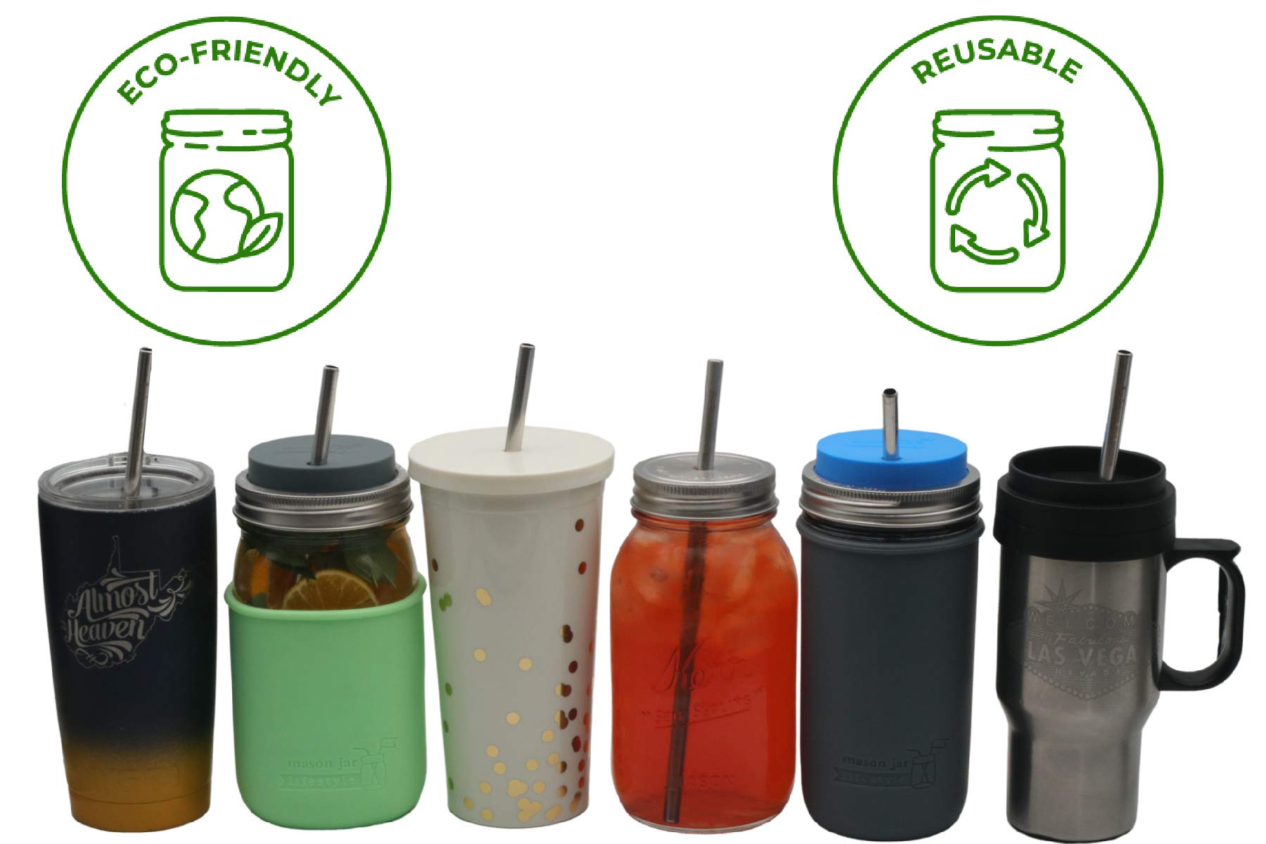 Long Safer Rounded End Stainless Steel Metal Straws for Large Cups, Tall Glasses, or Quart Mason Jars (4 Pack + Cleaning Brush + Bag)