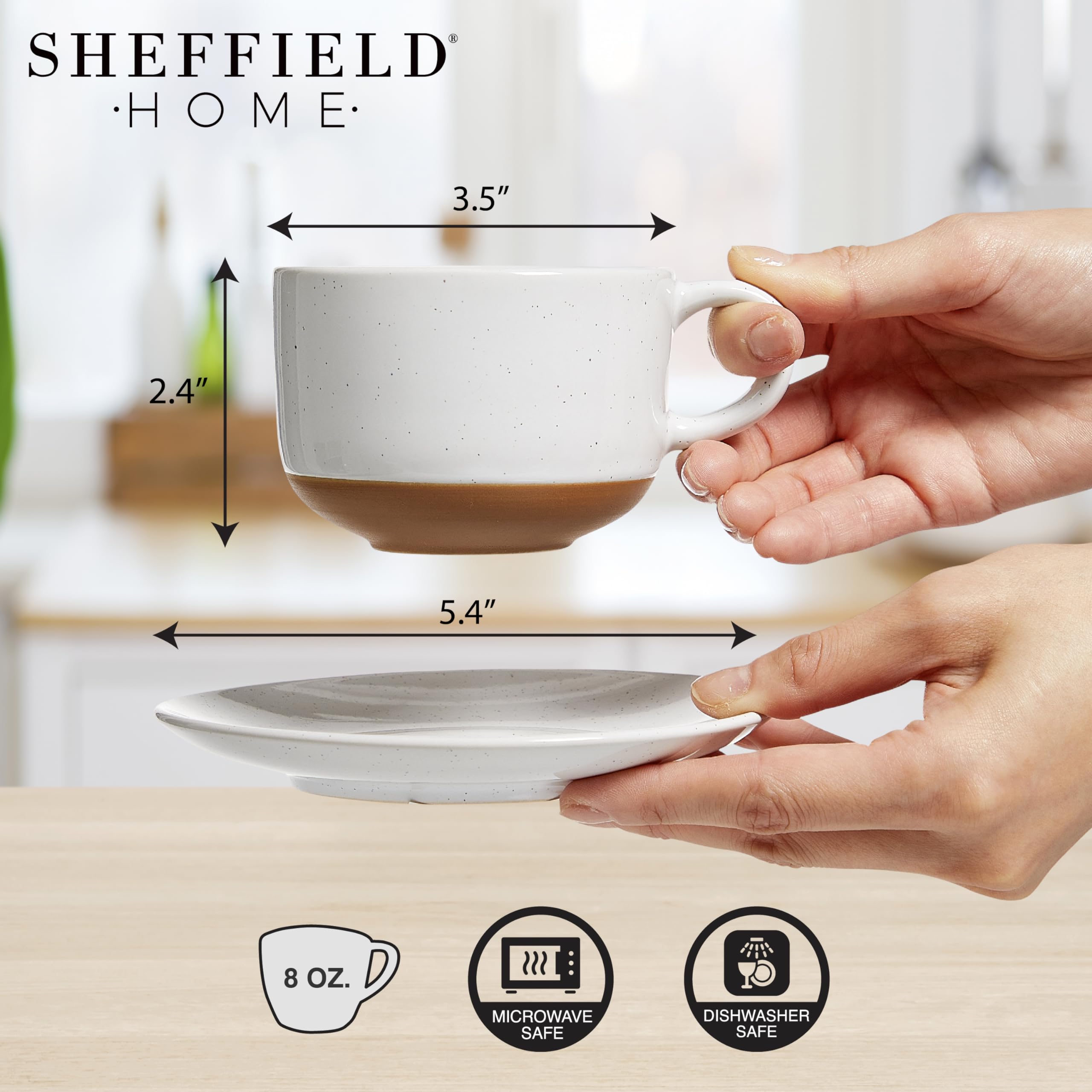 Sheffield Home Elegant Coffee Mug Set - Set of 4 Stoneware 8oz Cups with Saucers – Dishwasher and Microwave Safe Ceramic - Ideal for Cappuccino, Espresso, Latte, or Tea - Assorted Neutrals