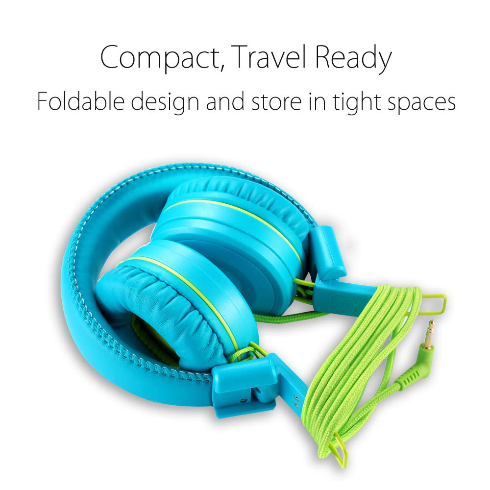 noot products Kids Headphones K22 Foldable Stereo Tangle-Free 5ft Long Cord 3.5mm Jack Plug in Wired On-Ear Headset for iPad/Amazon Kindle Fire/Boys/Girls/Laptop/School/Tablet (Teal/Lime)