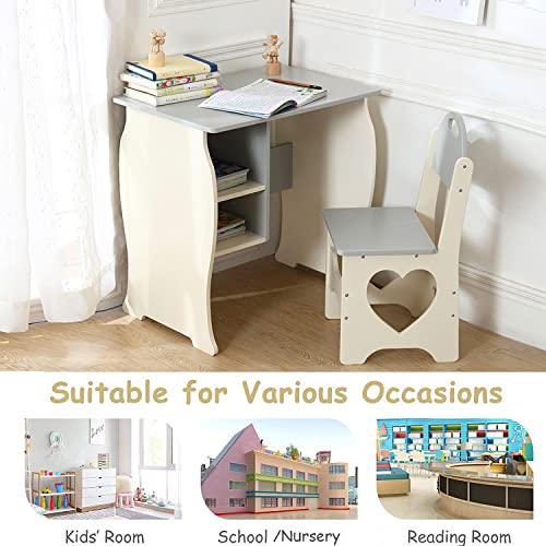 ocinone Kids Desk and Chair Set, Children Study Desk with Storage Shelf, Wooden School Study Table, Writing Table for Home School Use (Grey Beige)