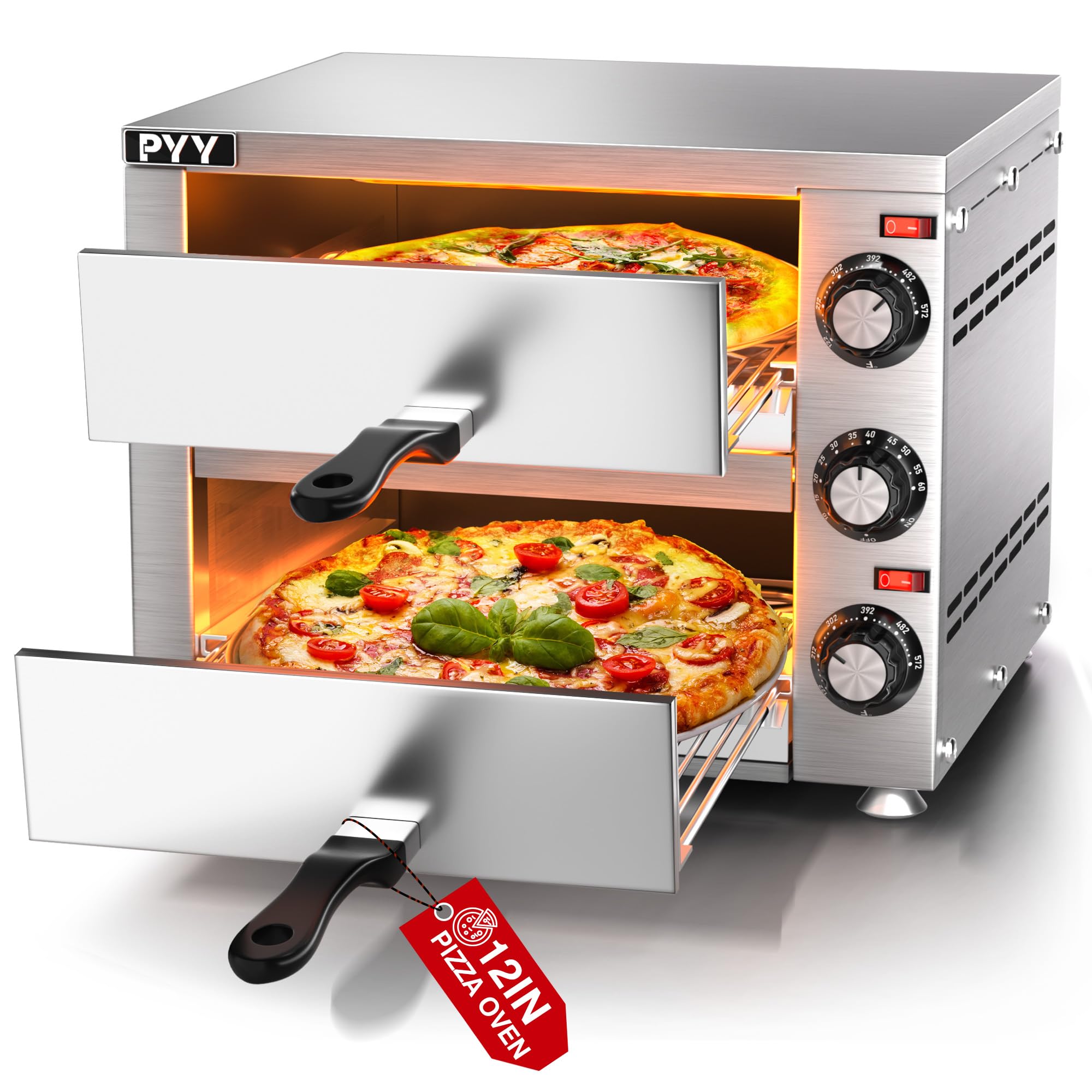 PYY Countertop Pizza Oven 12 Inch Electric Indoor Pizza Oven Commercial Stainless Steel 2-Layers Pizza Cooker with Timer for Home Restaurant (Silver)