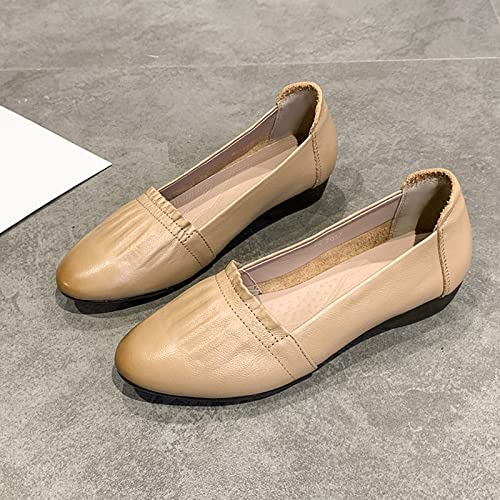 Ladies Fashion Solid Color Leather Folds Shallow Soft Sole Flat Casual Shoes Loafer Heel Khaki