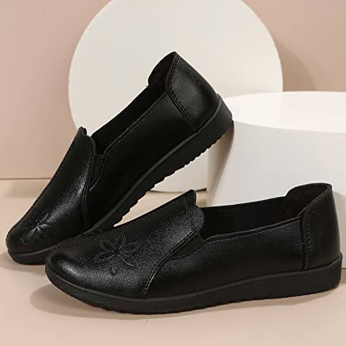 Ladies Fashion Solid Color Leather Flower Embroidery Flat Comfortable Casual Shoes Rubber Sole Shoe