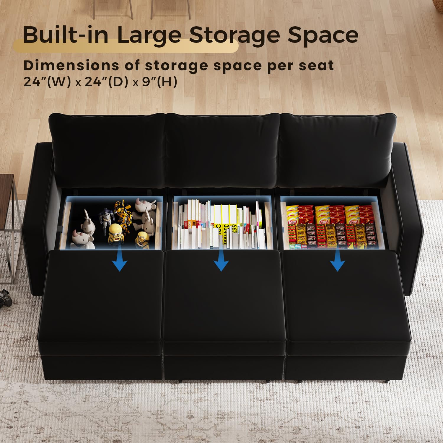 Modular Sectional Sofa, 91 Inch Comfy Sofa, 3 Seater Sofa with Storage Space, Sleeper Sofa, Cloud Couch, Modern Sofa for Living Room, Velvet, Black