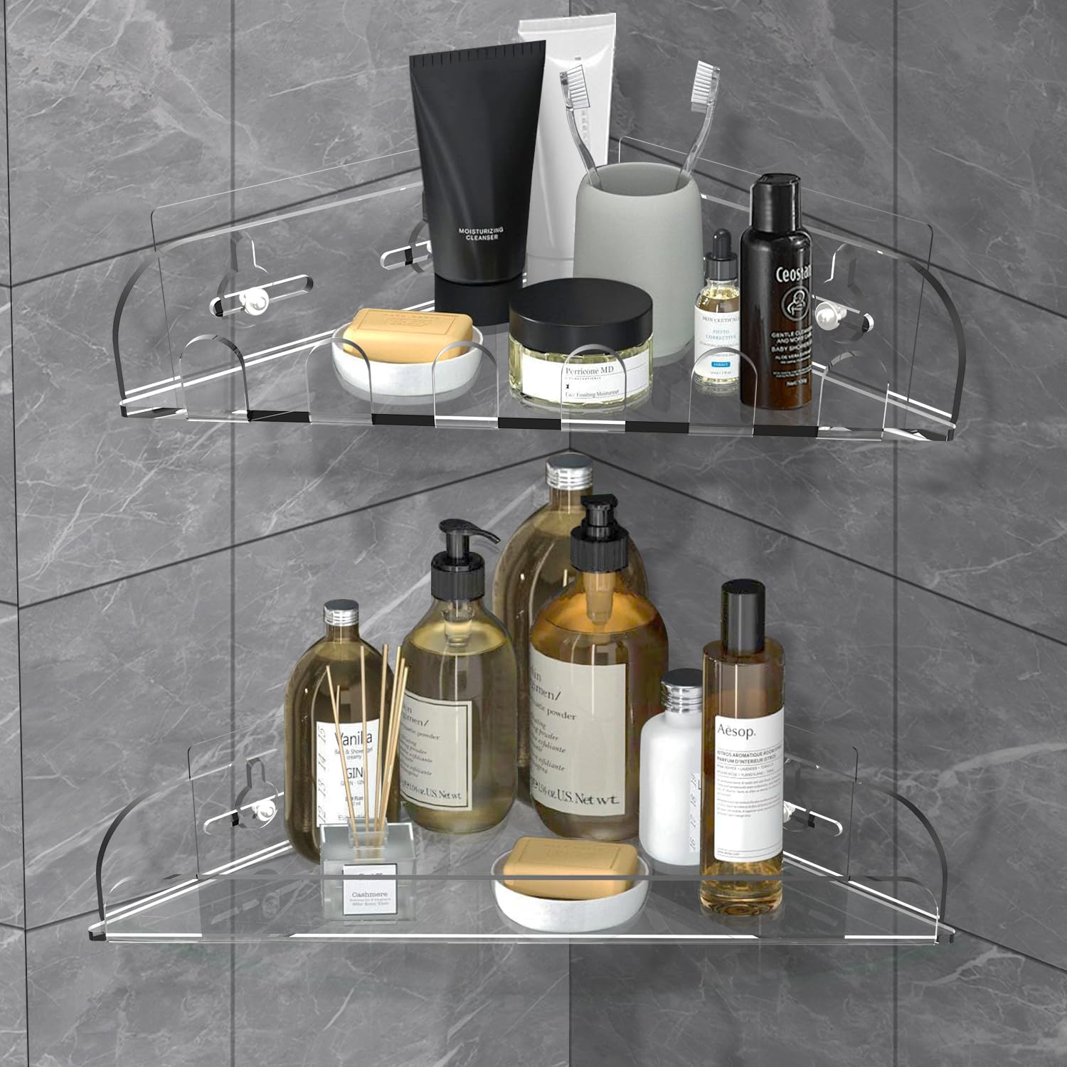popbricks 2 Pack Acrylic Corner Shower Shelves, Clear Adhesive Shower Caddy Suction Cup for Tile Walls, Wall Mounted Bathroom Shower Shelf for Inside Shower & Kitchen Organizer Storage