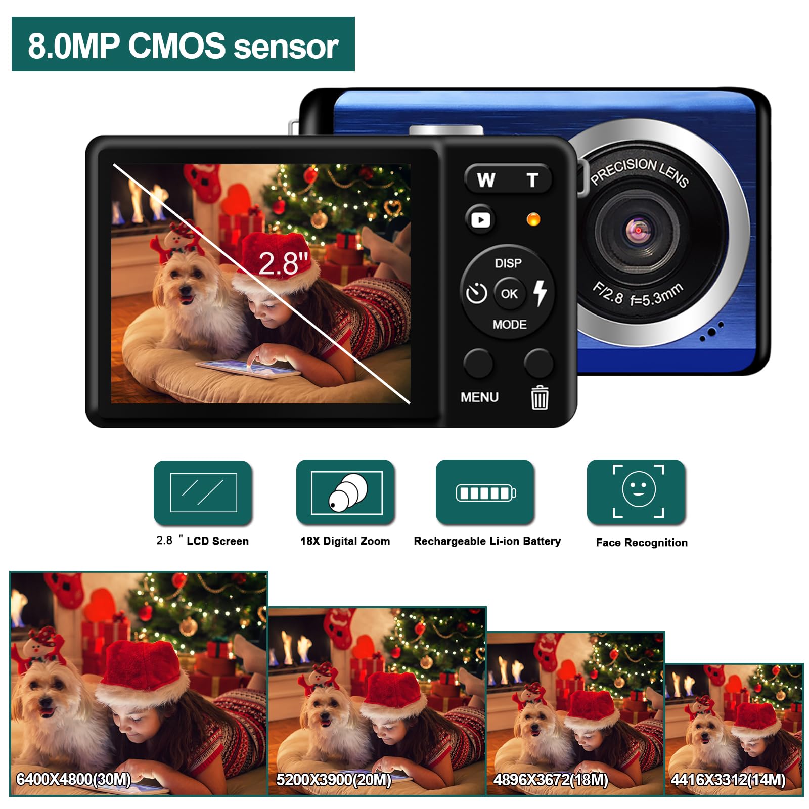 ISHARE Digital Camera for Photography, Rechargeable 30MP Point and Shoot Camera with 2.8" LCD 18X Digital Zoom for Kids Teens Elders(32GB Card & 2*Battery)