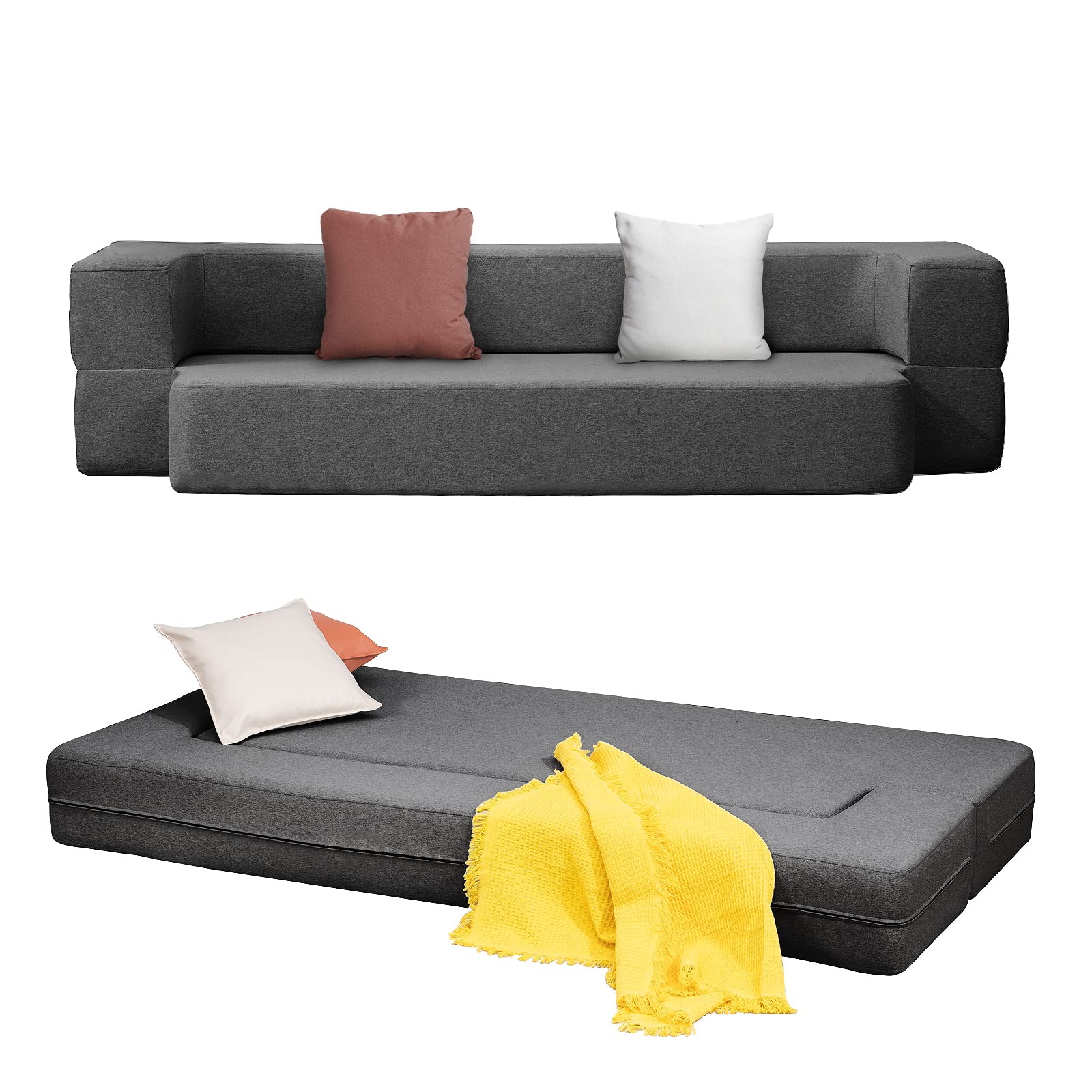 PUREMIND 2-in-1 Queen Convertible Couch Bed, Folding Floor Sofa Bed, Fold Out Floor Sleeper Sofa Couch for Living Room/Guest Room/Home Office Dark Grey