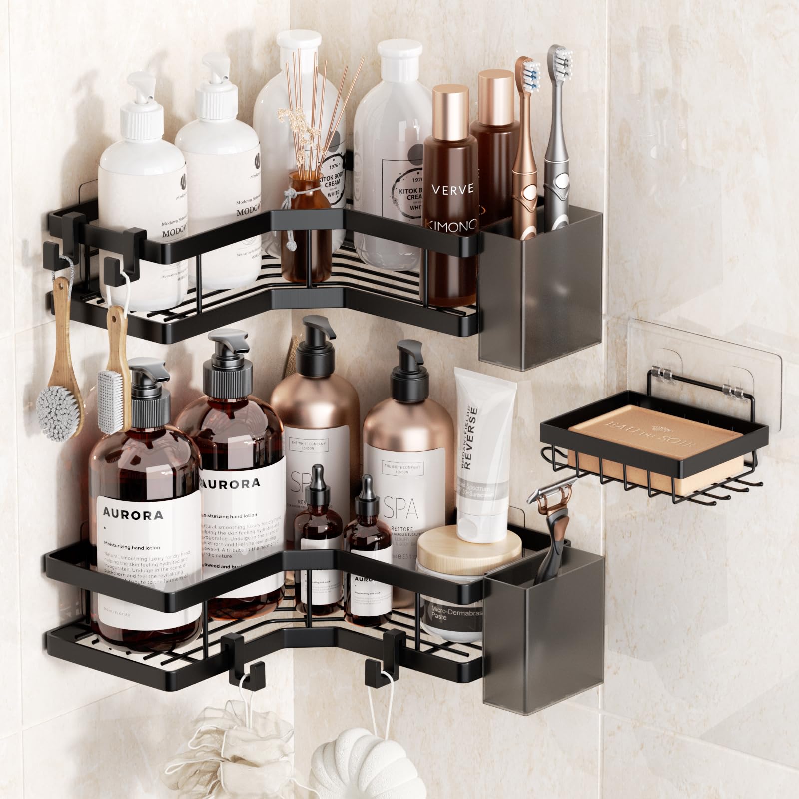 PLEDDANIO Adhesive Corner Shower Caddy - 3 Pack Shower Shelves with Soap Holder and 4 N-Shaped Hook, Stainless Steel Rustproof Bathroom Accessories Organizer, No Drilling Wall Mounted Rack