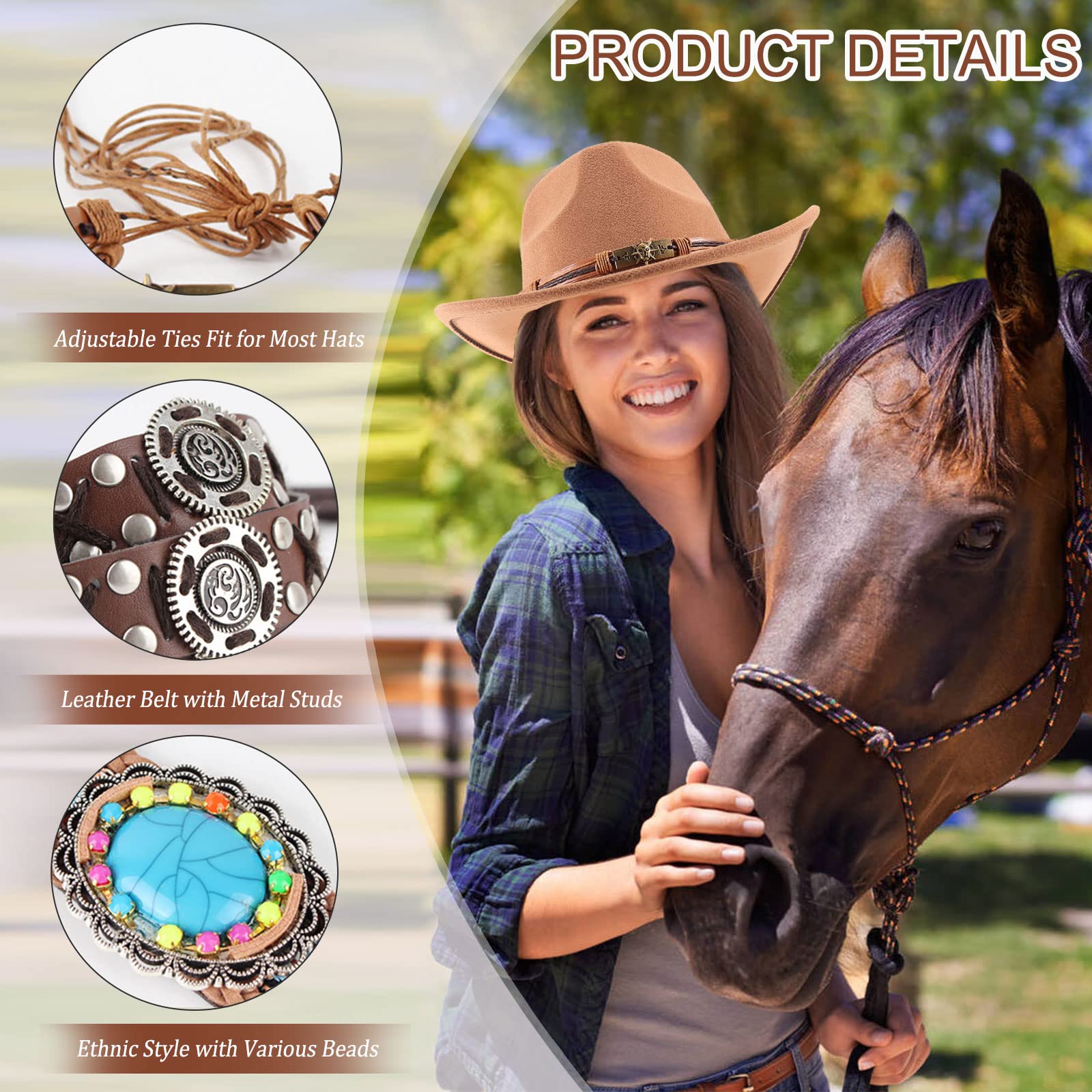 Homiton 5Pcs Cowboy Hat Band Replacement Handmade Ethnic Western Hat Belts for Straw Felt Fedora Panama Hats (Hatband 02)