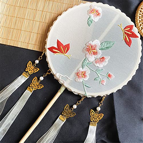 Lmtossey Vintage Round Fan Long Handle Tassel Dancing Hanfu Circular Fan Ancient Chinese Style Classical Printed Court Round Fan Wedding
