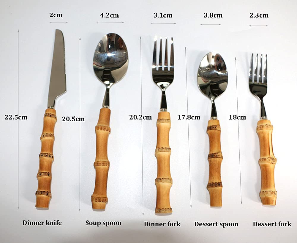 JUSTEMI Bamboo Silverware Set,Natural Bamboo Flatware,Bamboo Handle Cutlery and Utensil Set,18/8 304 Stainless Steel 1 set 5 PCS