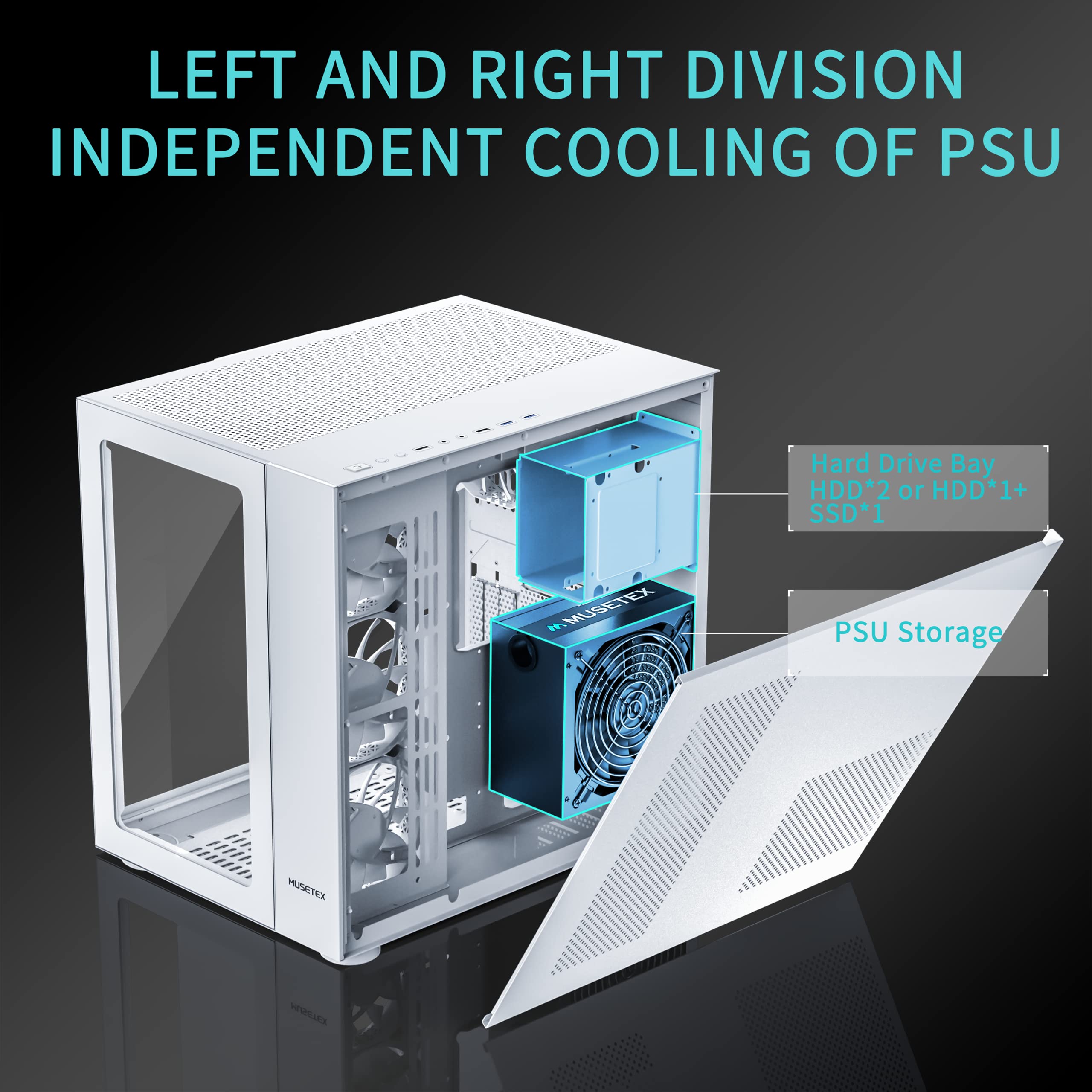 MUSETEX 7 PWM ARGB Fans Pre-Installed ATX Gaming PC Case, Modern Aesthetic Dual Tempered Glass Panoramic Mid-Tower Pc Case, USB 3.0 Pure White Computer Case (H3-N7)