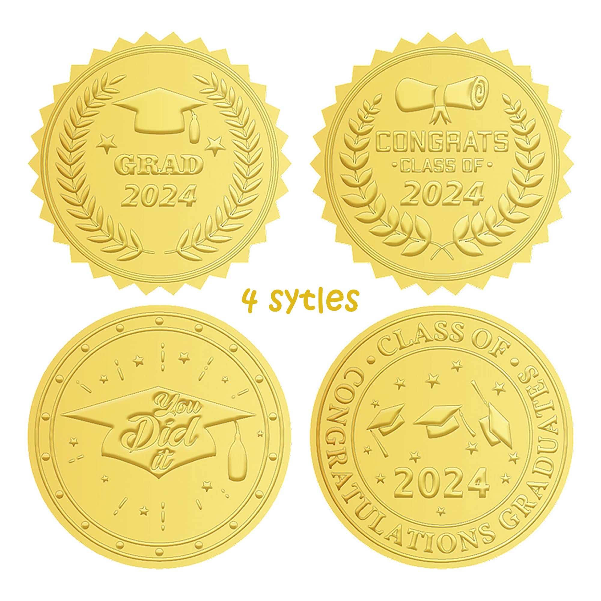 Lucleag 360 PCS Embossed Graduation Envelope Seals Stickers, 2024 Gold Foil Self Adhesive Graduation Diploma Grad Hat Sealing Stickers for Envelopes Candy Graduation Party Favor Decal, 1.5 inch