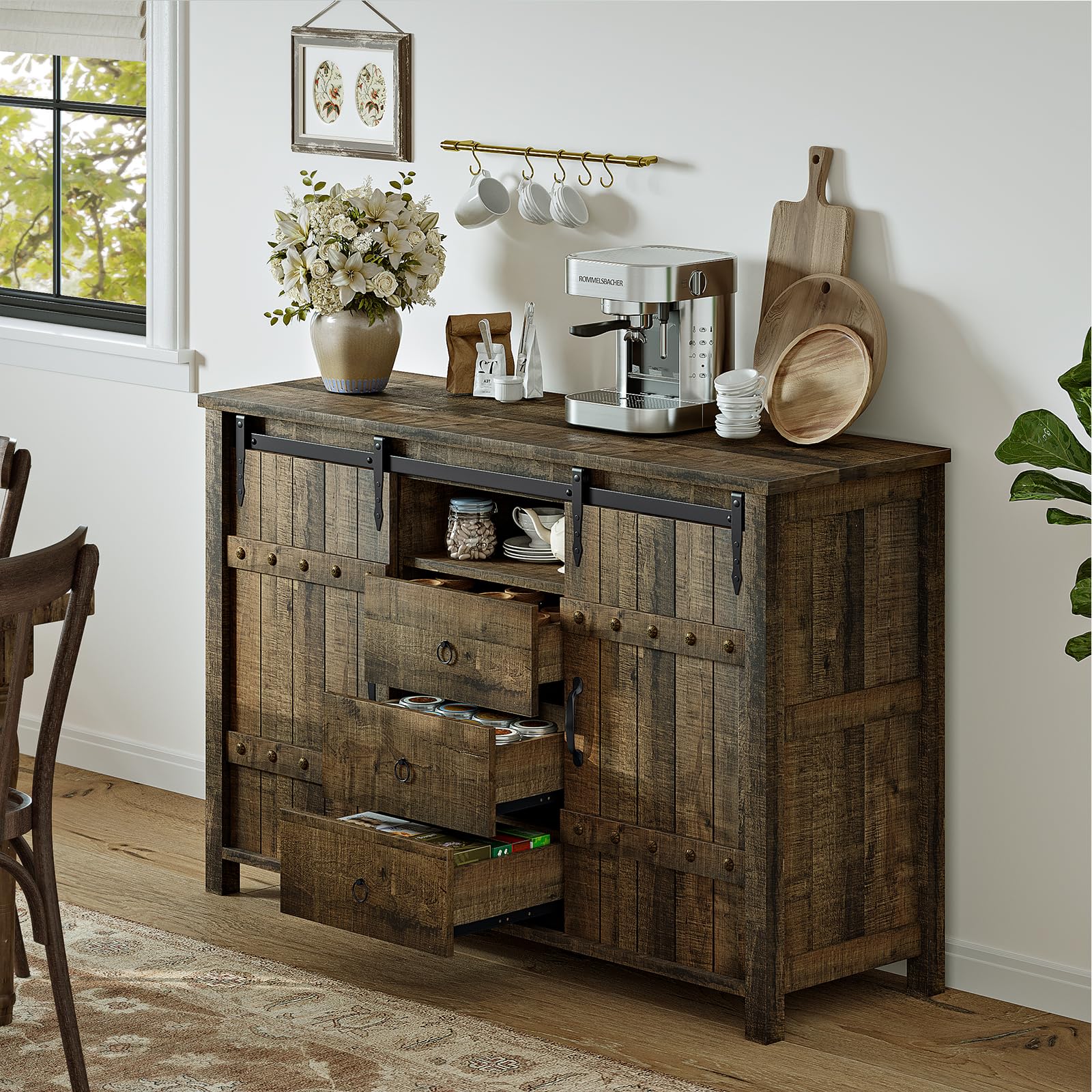 REAHOME Buffet Cabinet with Storage, 48" Sideboard Buffet Cabinet with Sliding Barn Doors & 3 Drawers, Farmhouse Wood Coffee Bar Cabinet Buffet Table for Kitchen, Dining Room, Rustic Brown