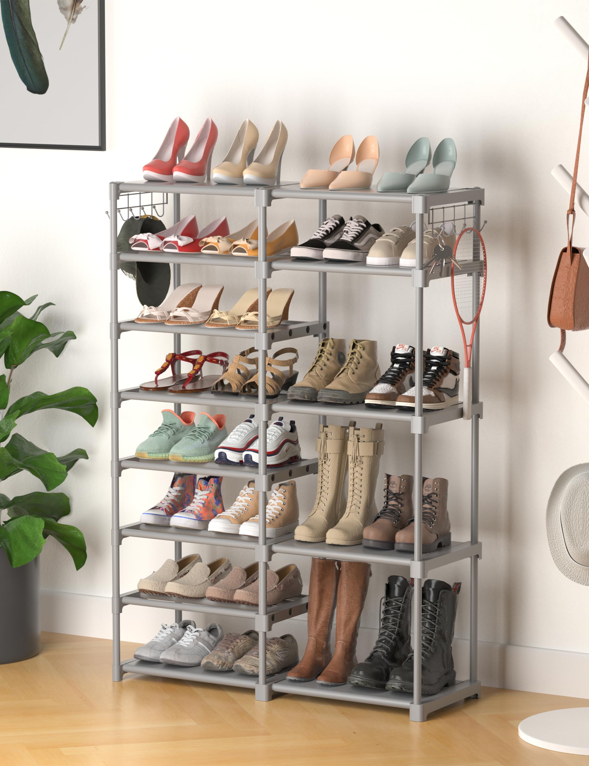 TIMEBAL Grey 8-Tier Shoe Rack Storage Organizer, 25-28 Pairs Shoes Shelf Organizer, Removable & Dust Large Stackable Shoe Rack for Boot & Shoe Storage