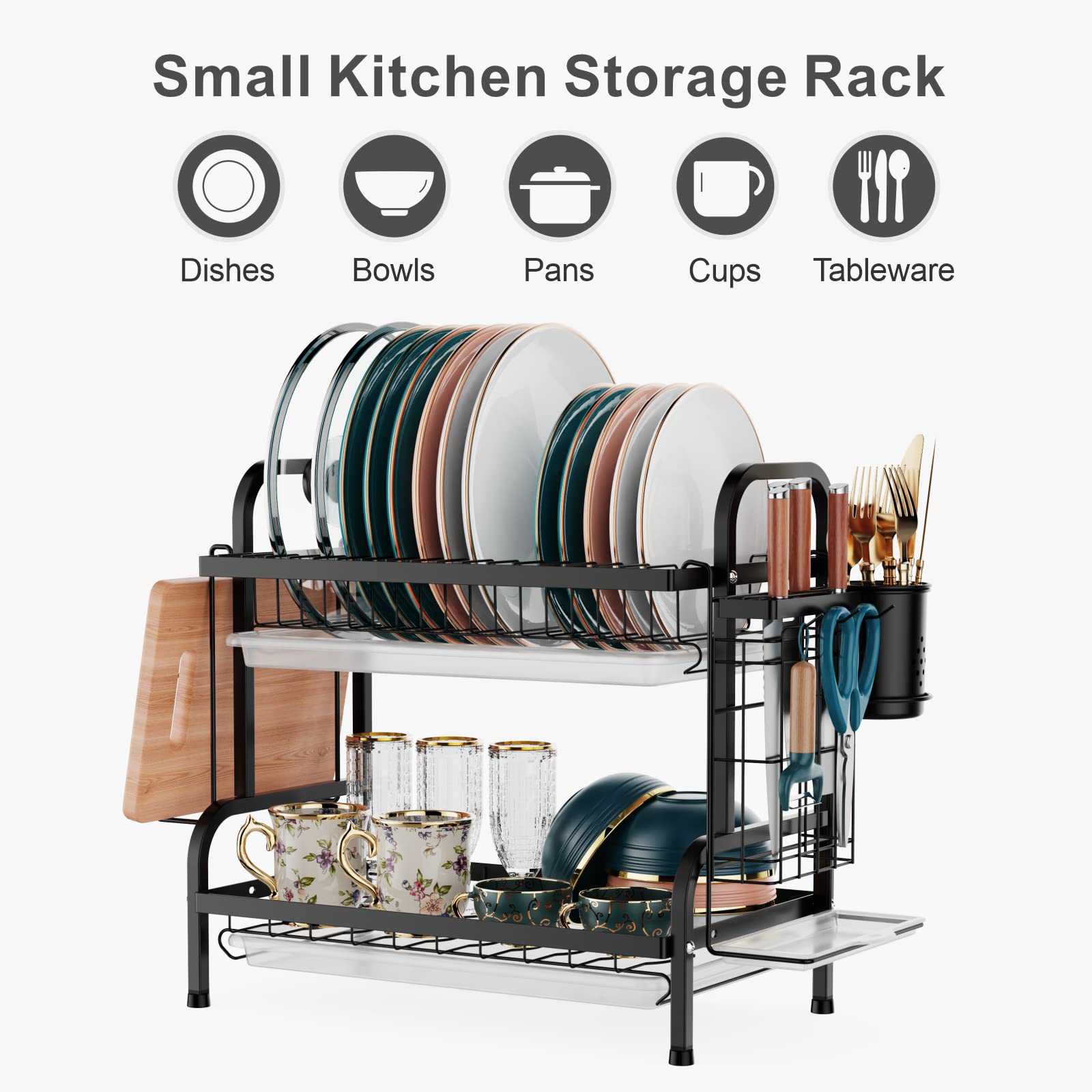 iSPECLE Dish Drying Rack - 2-Tier Dish Rack with Utensil Holder, Cutting Board Holder and Dish Drainer, Metal, for Kitchen Counter, Black