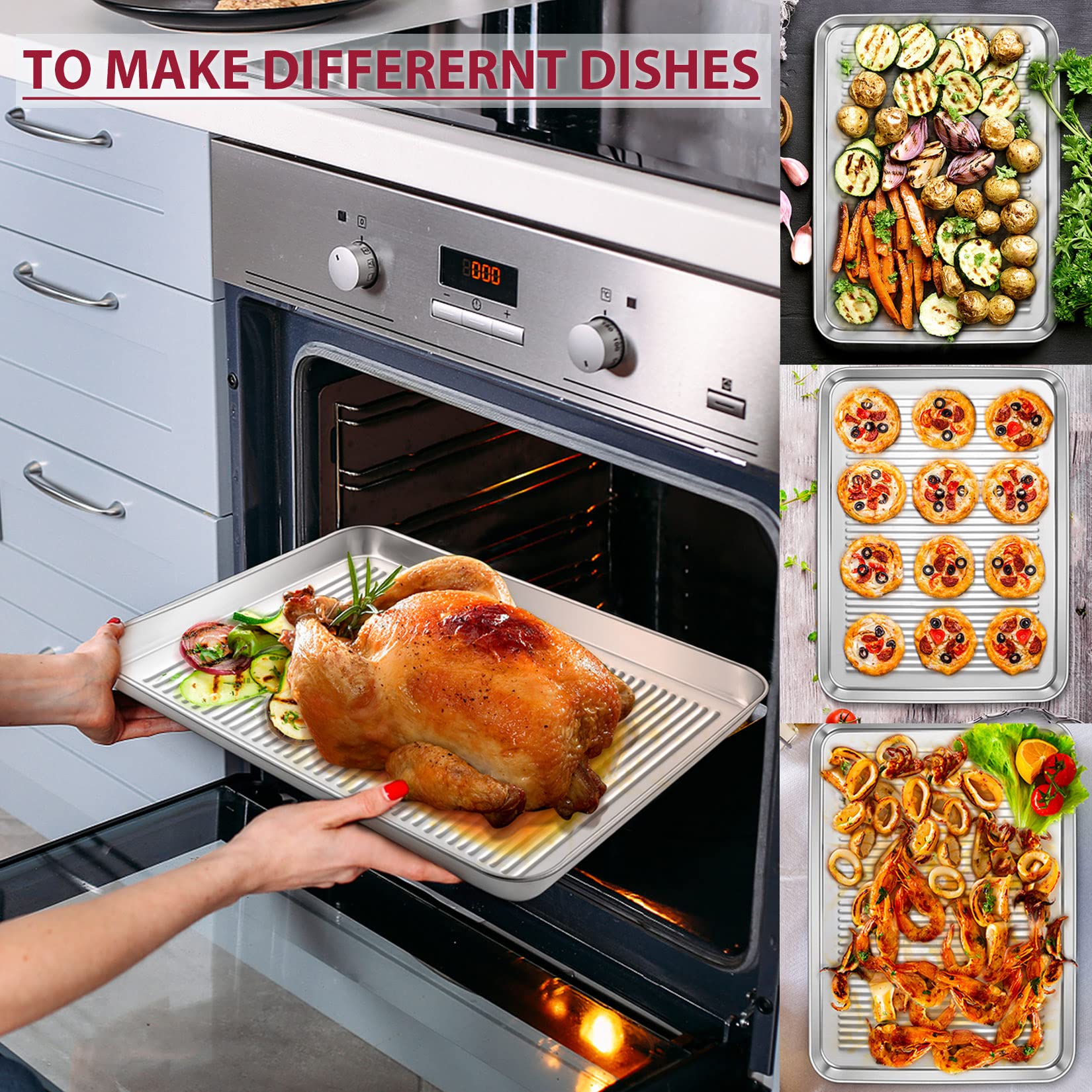 Large Baking Sheet Pan Set of 2 for Oven, P&P CHEF Stainless Steel Cookie Sheets Trays Bakeware, Rectangle 16 x 12 x 1 Inch, Corrugated Bottom & Mirror Finished Surface, Dishwasher Safe