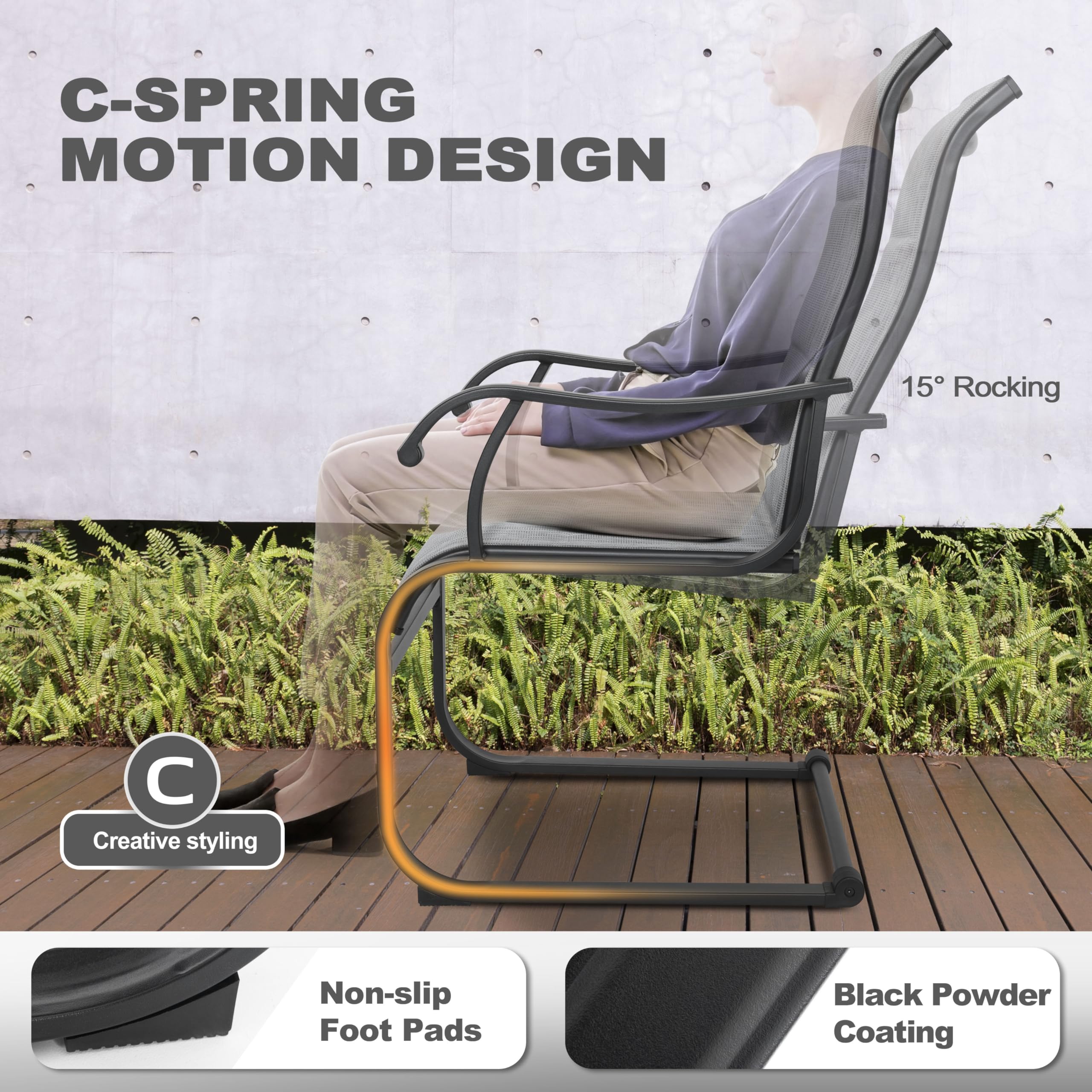 NUU GARDEN Outdoor Patio Dining Chairs Set of 2, Padded Textilene High Back Patio Chairs,All Weather Breathable Spring Motion Textile Outdoor Dining Chairs for Backyard,Deck, Lawn, Grey