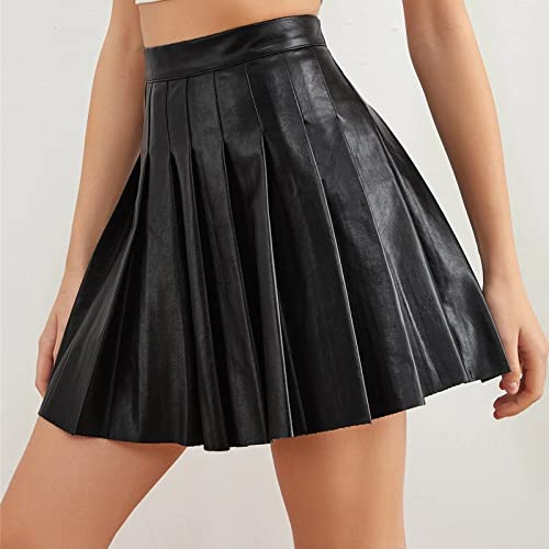Long Plaid Skirts for Women Knee Length Date Night Skirt Short High Pleated Waist Elegant Solid Leather Women's Black