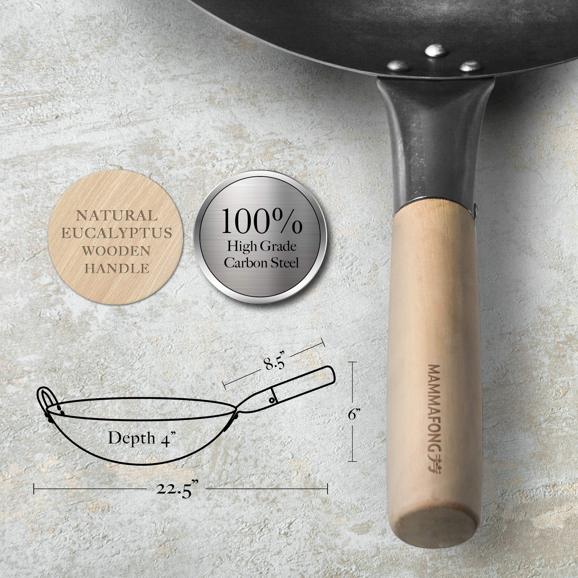 Mammafong Round Bottom 14-inch Traditional Carbon Steel Wok Pan - Authentic Hand Hammered Woks and Stir Fry Pans - Pow Wok with no chemical coating