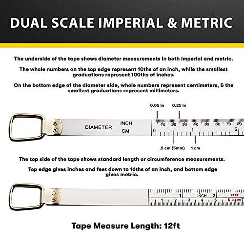 Perfect Pi Diameter Circumference Tape Measure - Imperial and Metric Tape Measure 1/2-inch by 12ft / 3.5m Use for Measuring Cylindrical Objects (Pipe Tape, Tree Tape) Model DCT120
