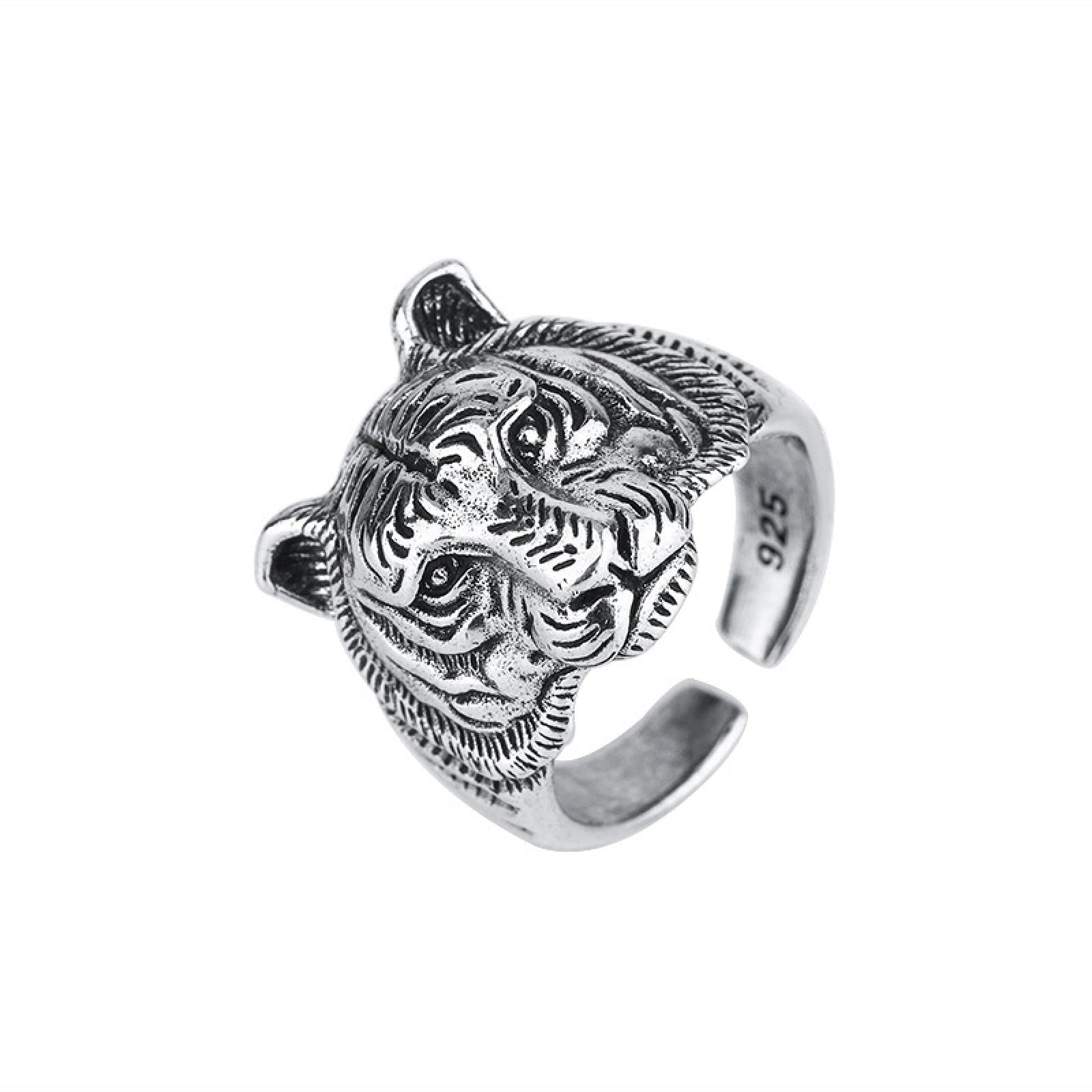 Ladies Sterling Silver Open Ring, Tiger Head Ring, Domineering Personality, Vintage Gothic Silver Plated One Size