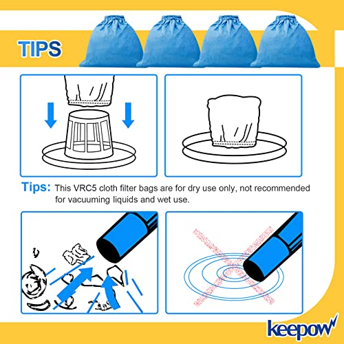 KEEPOW Shop Vac Filter Bags Compatible with Vacmaster 4 to 16 Gallon Wet Dry Vacuums VBV1210 VJC507P, Cloth Filter Bags 6 Pack, Part #VRC5