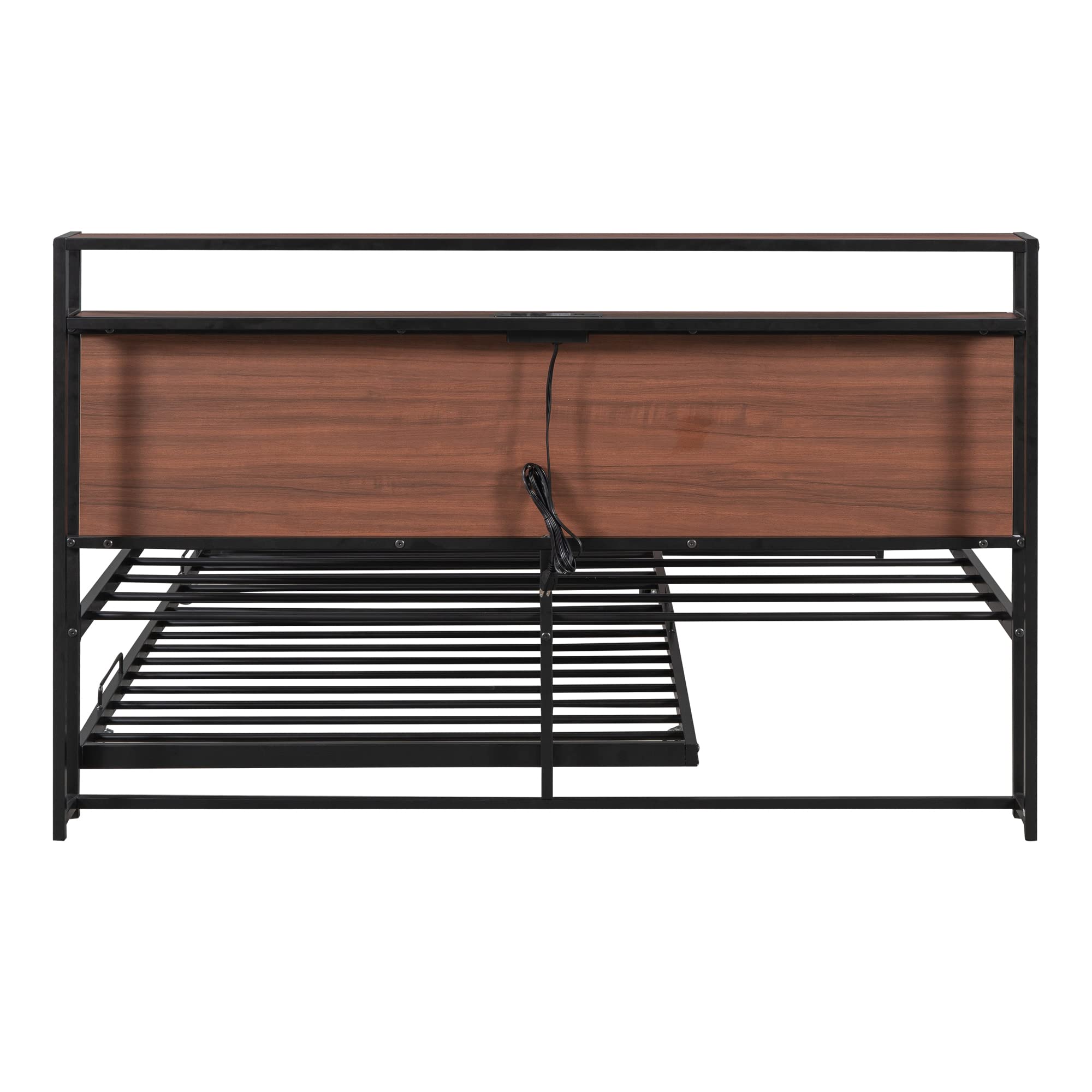LostCat Queen Bed with Trundle, Metal Bed Frame with Twin Size Trundle, Queen Size Bed Frame with Storage Headboard USB Ports Outlets for Bedroom, Steel Slat Support, No Box Spring Needed, Black