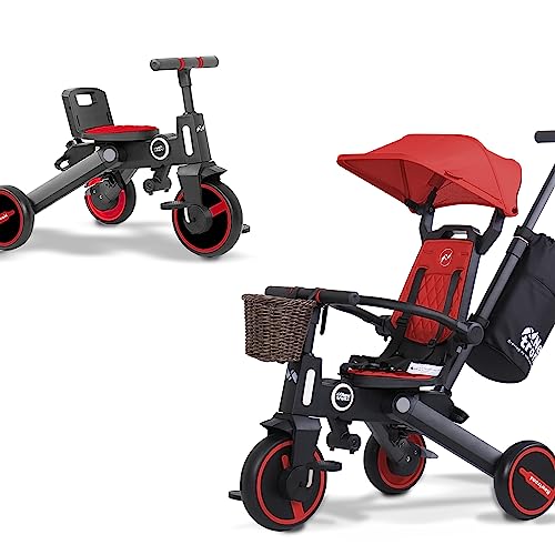 Newtronx Trixplorer-7 in 1 Foldable Toddler Tricycle Removable Push Handle, Rotatable Seat, Adjustable Canopy, Safety Harness, Storage, Basket-Tricycle for Toddlers for 1-5 Year Old (Red Heart)