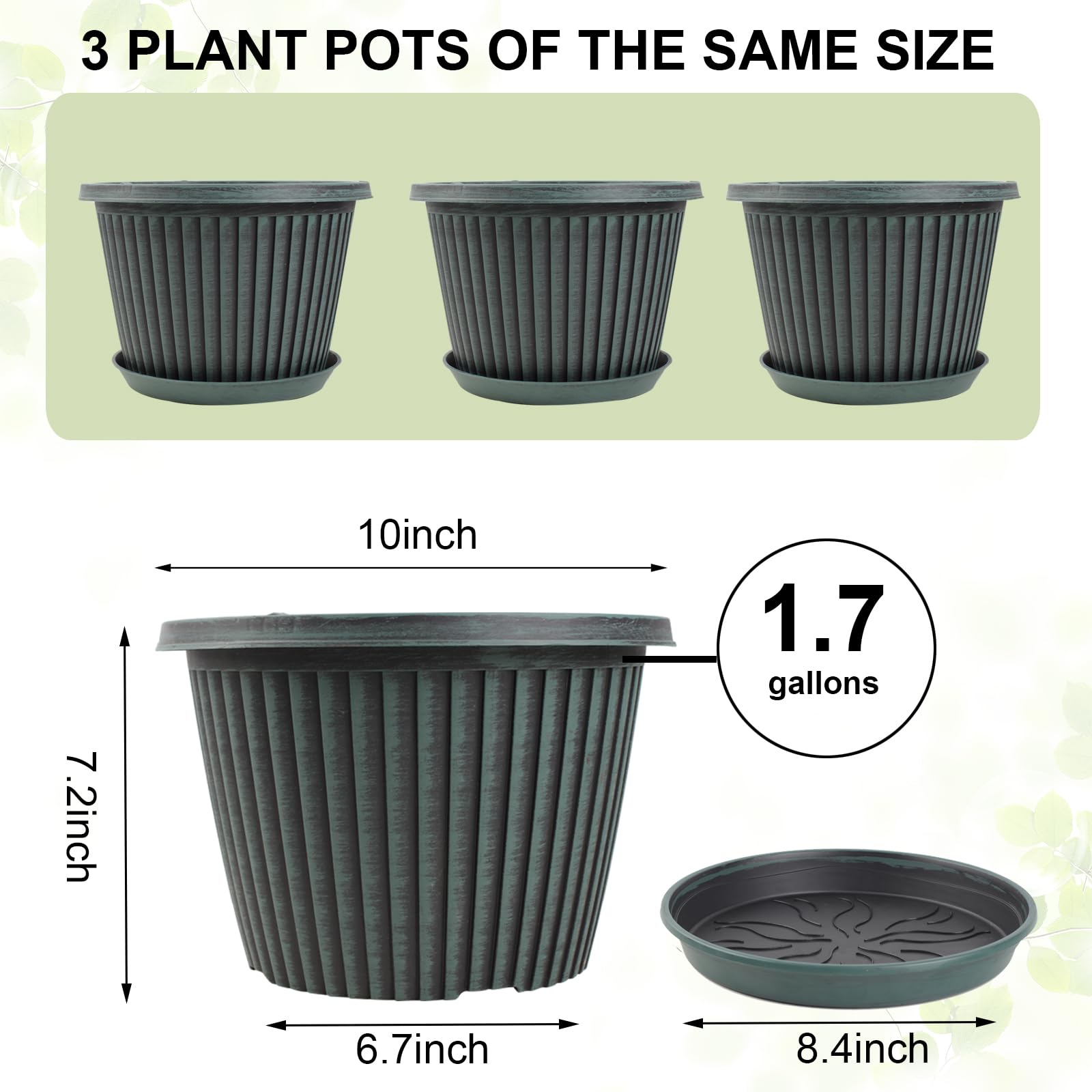 Myfeegoin Planter-Pots-for-Plants-Indoor-Outdoor, 3 Pack 10 Inch Plastic Flower Pots with Saucer & Drainage Holes, Modern Garden Planters for Planting Medium Large Plants,Decorative Resin Garden Pots