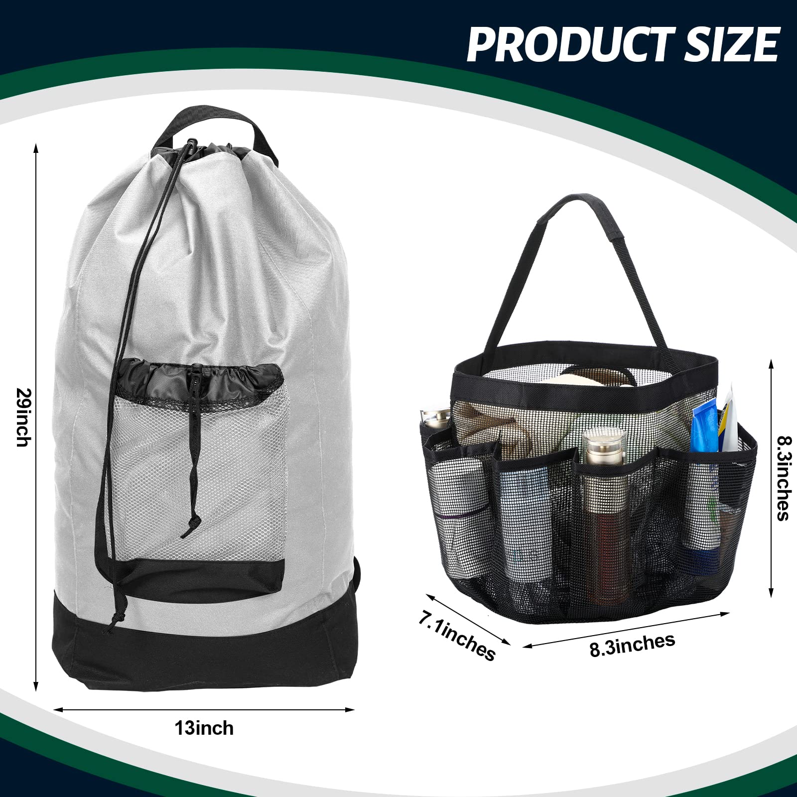Panelee 2 Pcs Mesh Shower Caddy Laundry Backpack Large Laundry Bag Mesh Shower Bag with 8 Pockets Portable Laundry Travel Bags Tote for College Room Bathroom Shower Essentials Storage (Black, Gray)