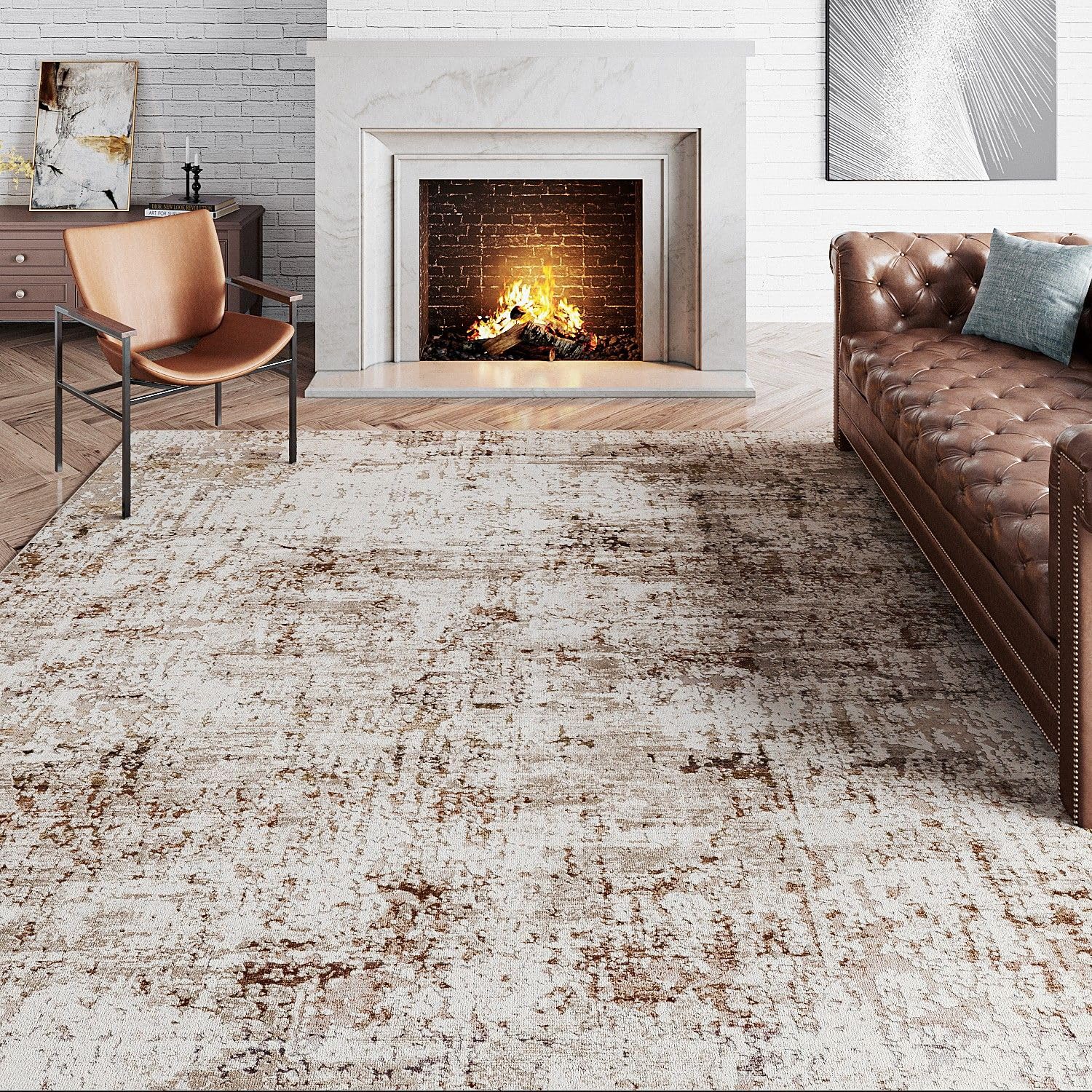 PureCozy Modern Brown Area Rug 4x6 Machine Washable Living Room Rug Kitchen Mat Non Slip Entryway Rug Indoor Accent Rug Abstract Distressed Throw Rug for Dining Room Bathroom