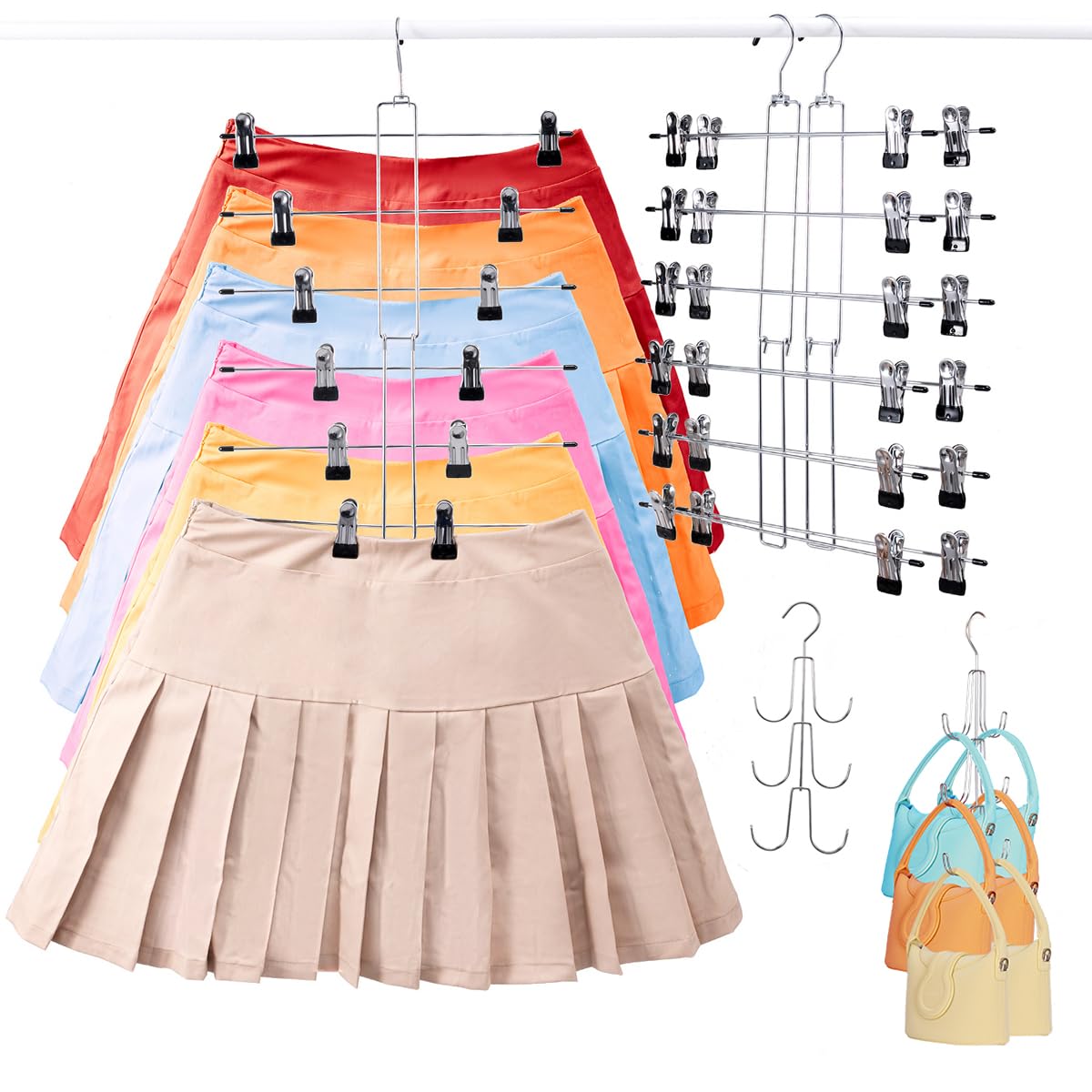 Tonswachic Pants Hangers with Clips - 6 Tiers Skirt Hangers - 3 Pack Pants Hangers Space Saving - Closet Organizer and Storage for Jeans Leggings Shorts (3 Pack with Extra One Purse Hanger Organizer)