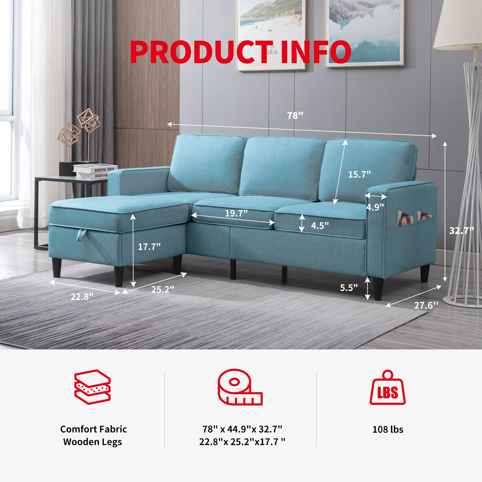 PUREMIND 78 Inches Convertible Sectional Sofa, Linen L-Shaped Sofa Couch with Reversible Storage Ottoman, Wooden Legs, 3-Seat Sectional Couches for Small Space, Apartment, Office (Blue)…
